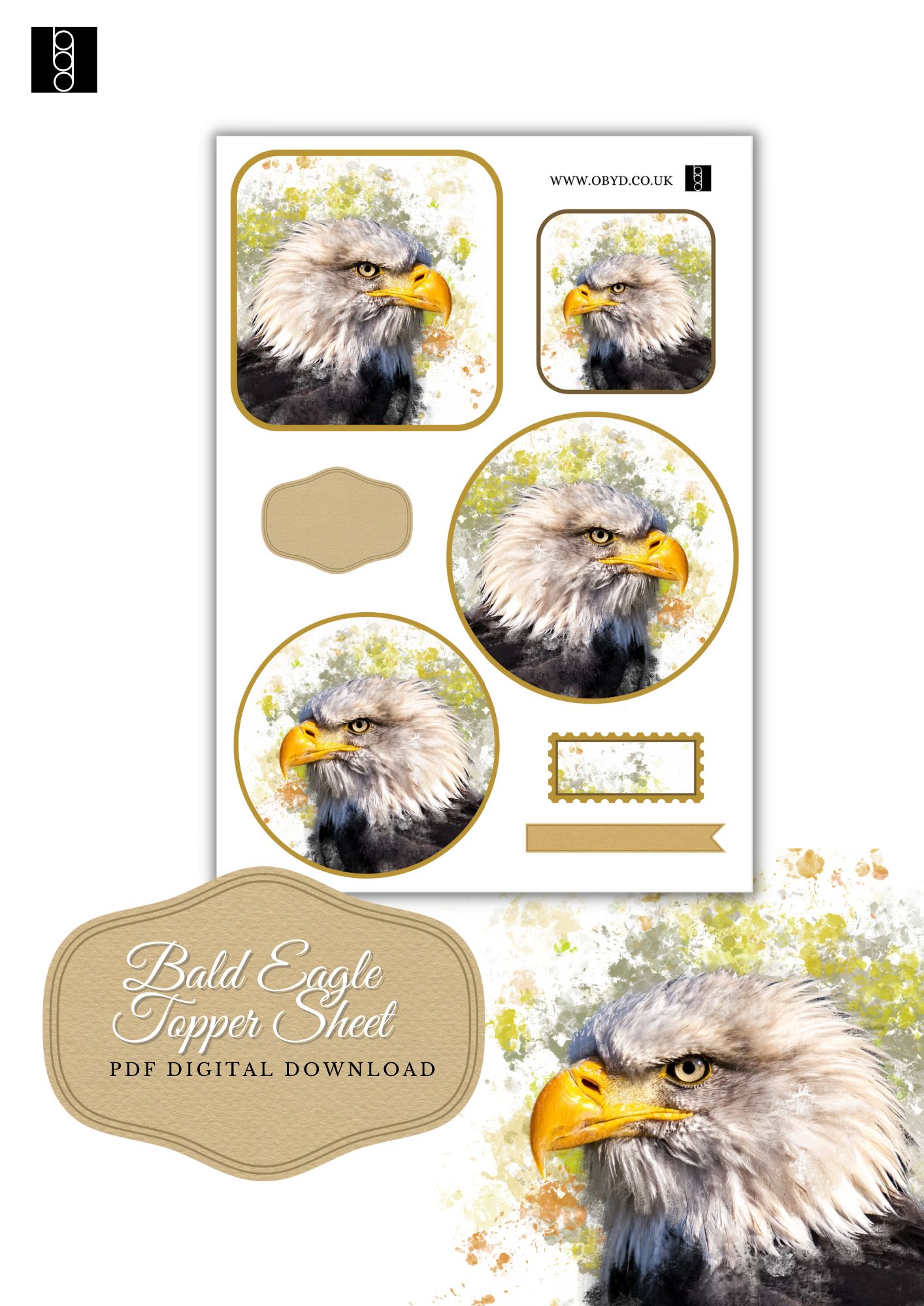 Bald Eagle Bird of Prey Cardmaking Topper Sheet - PDF Digital Download