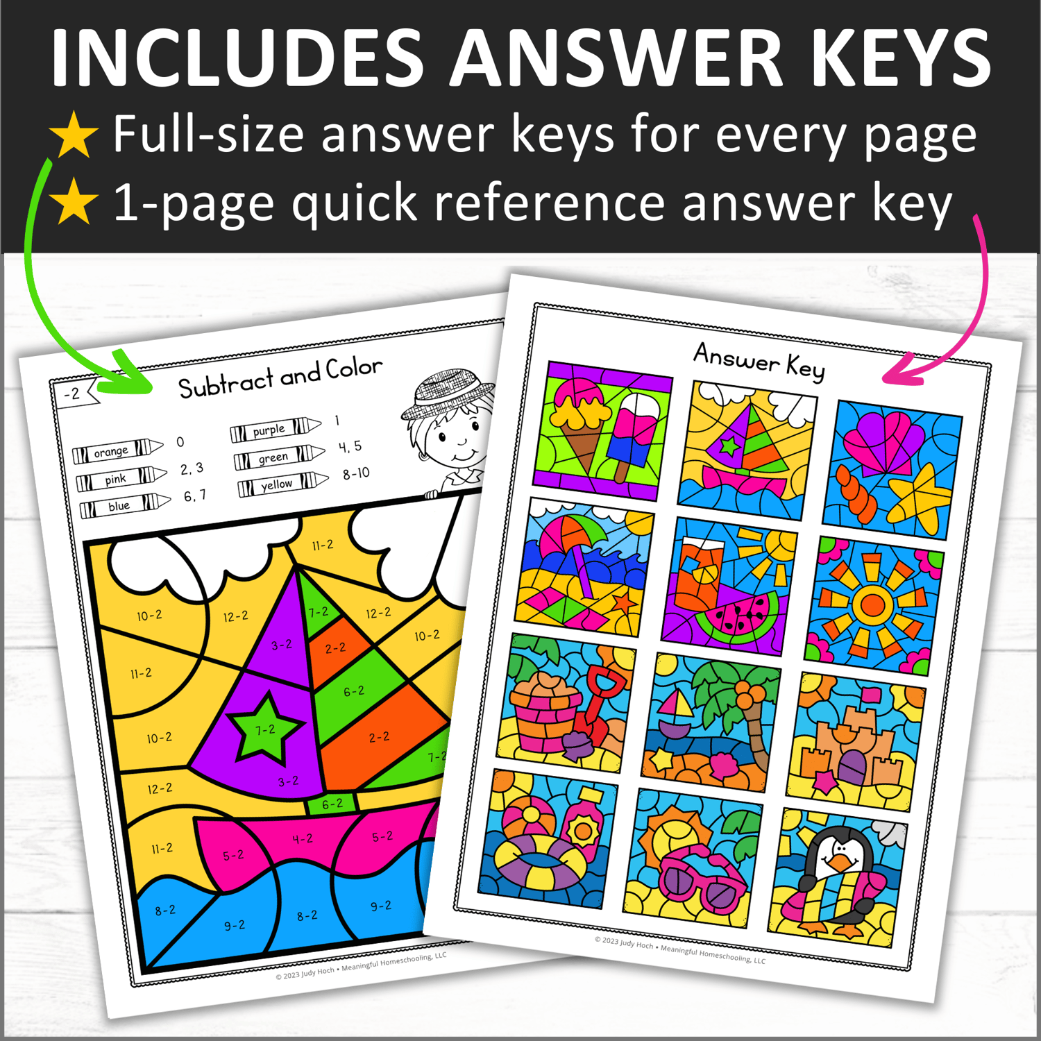 Summer Color by Code Subtraction Worksheets