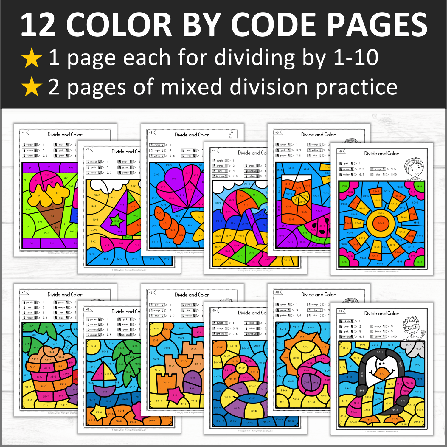 Summer Color by Code Division Worksheets