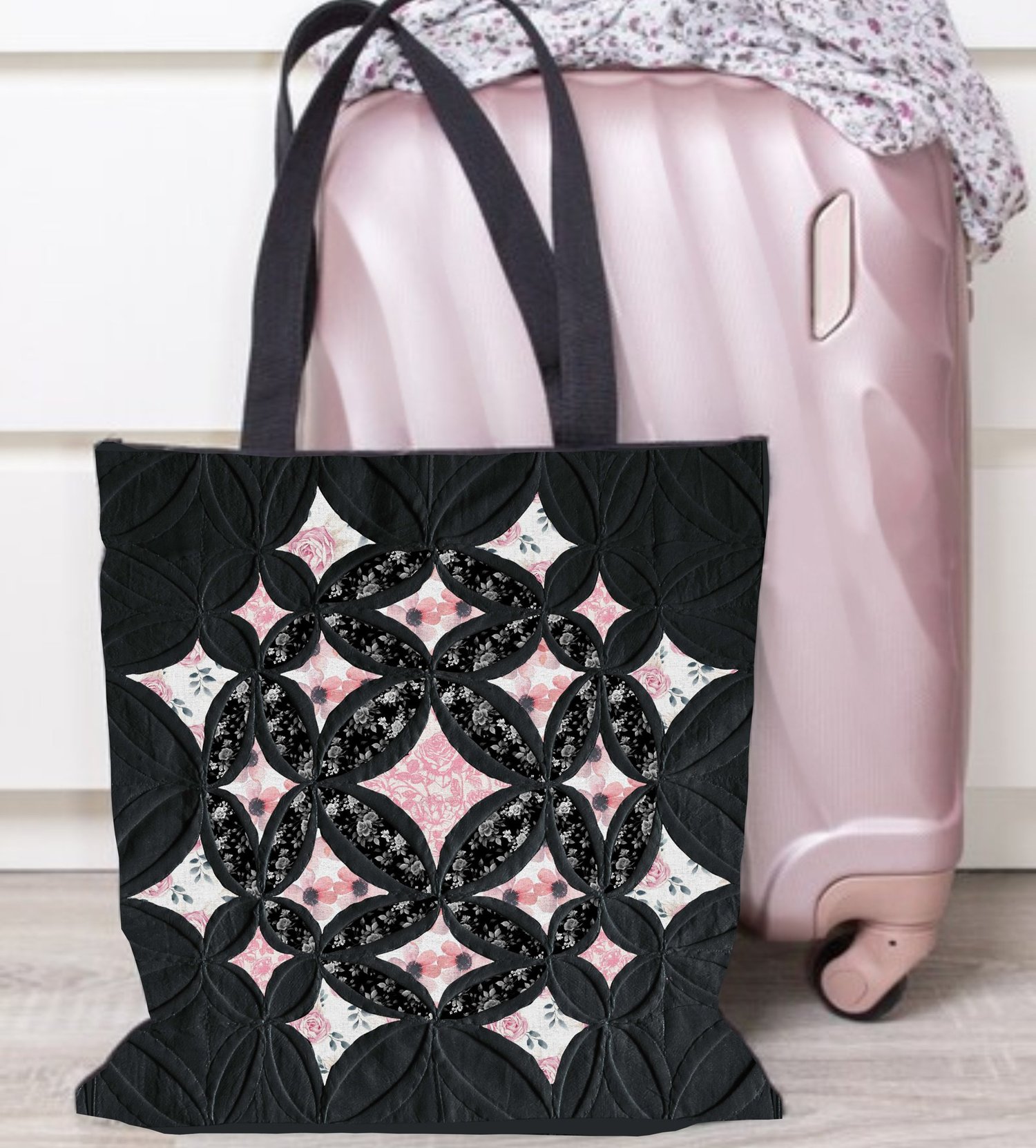 "Black and Pink" Cathedral Window Tote Bag PDF tutorial and patterns