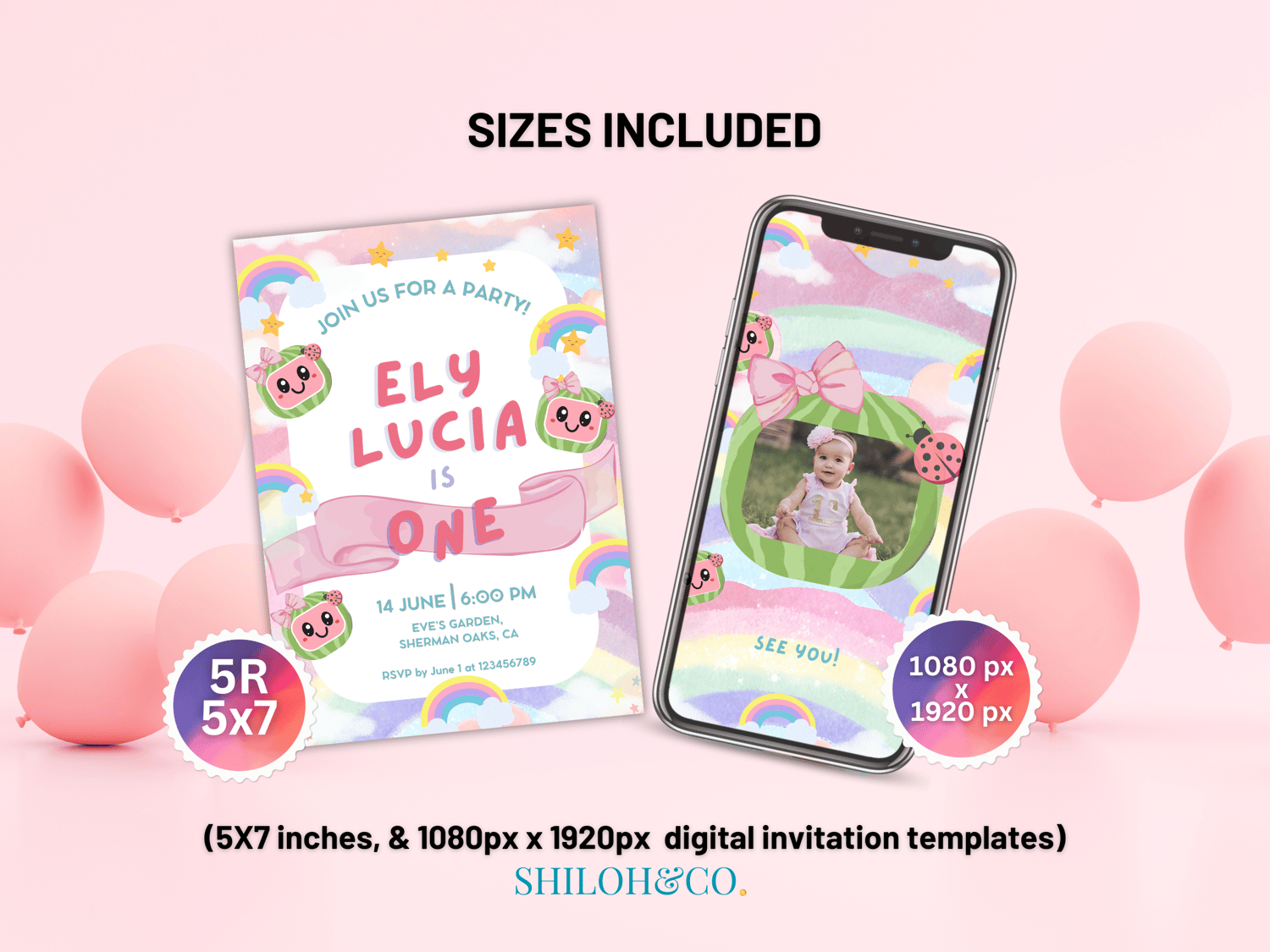 Pastel Rainbow Watermelon Kids Invitation Editable Canva Template ...