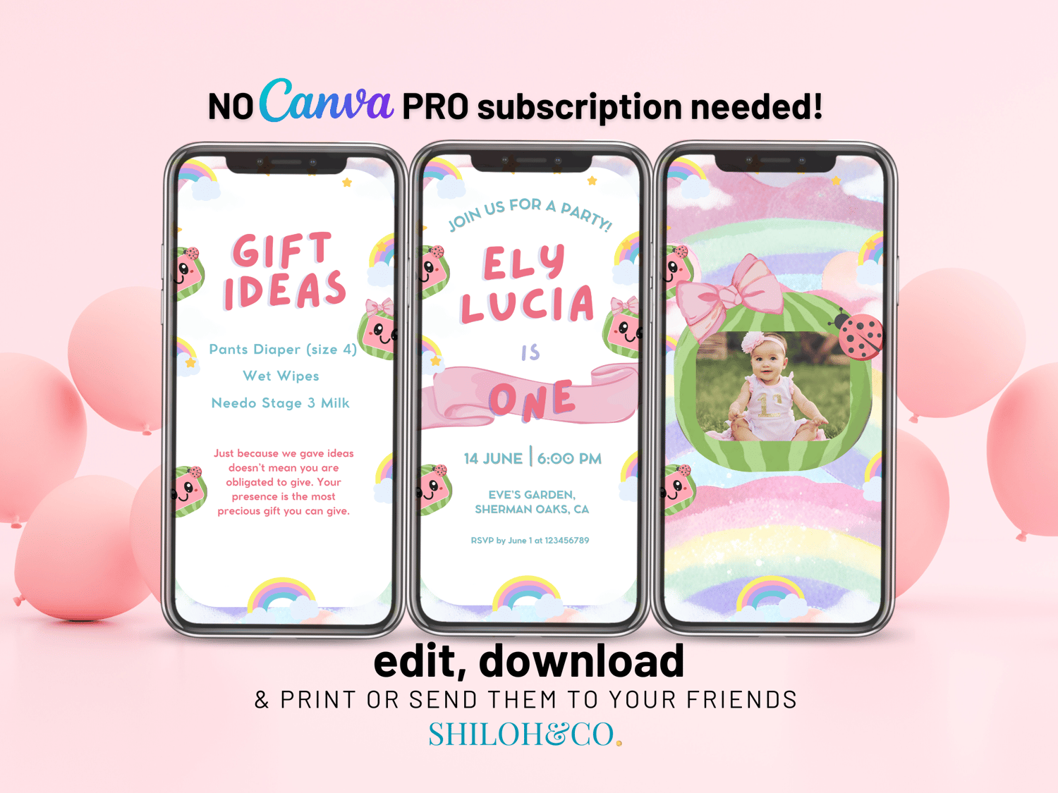 Pastel Rainbow Watermelon Kids Invitation Editable Canva Template ...