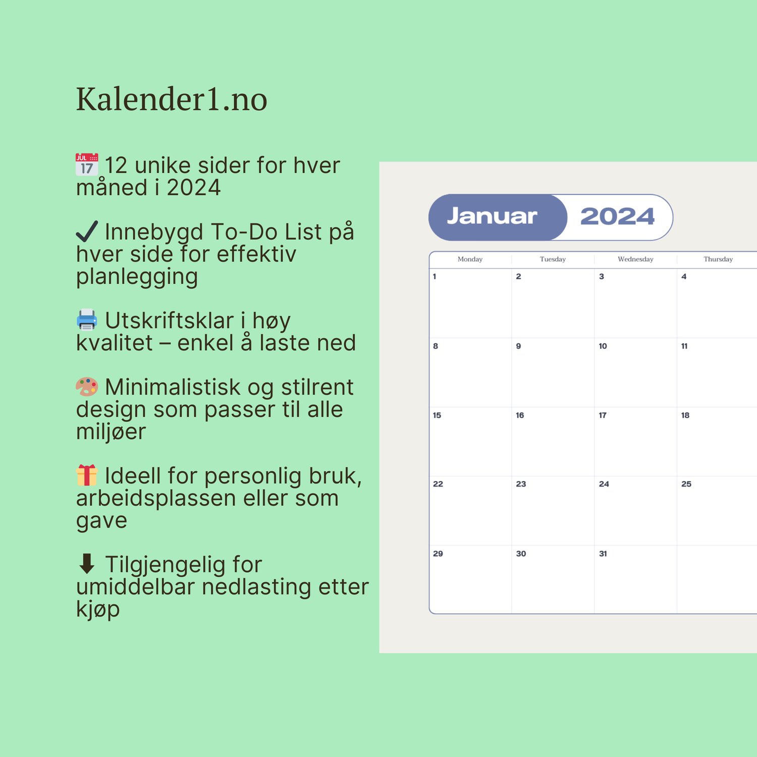 Norsk kalender med helligdager og ukenummer. Planlegg året med Kalender1.no
