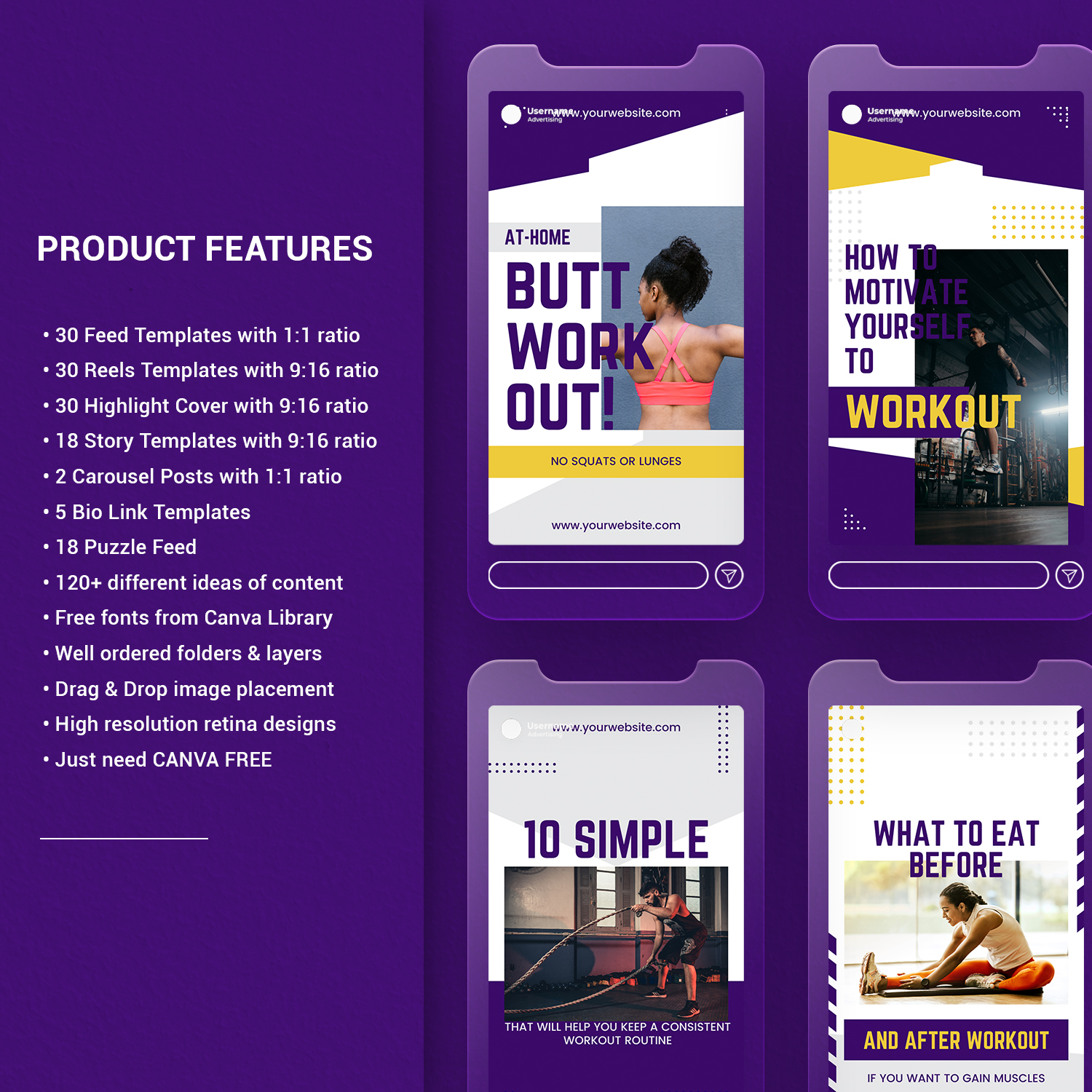 128 Fitness Workout Social Media Canva Templates - Payhip