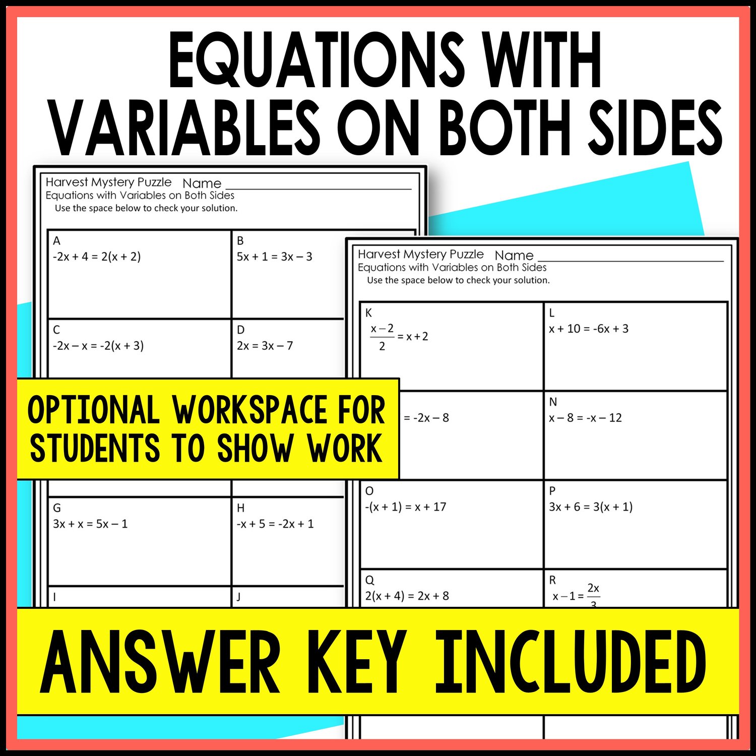 Solving Equations with Variables on Both Sides Activity Worksheet ...