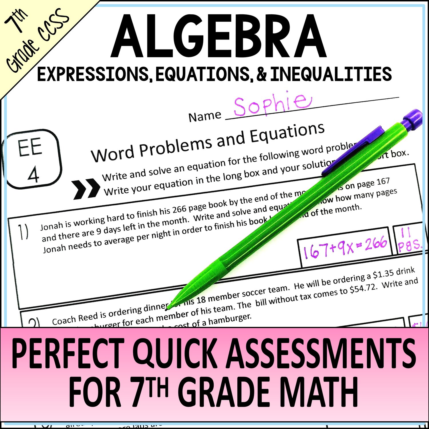 Expressions Equations Inequalities Assessments 7th Grade Common Core ...