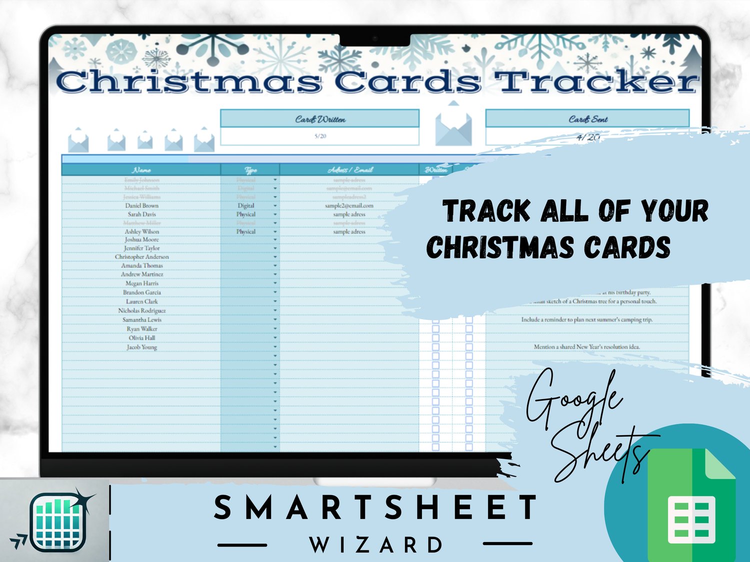 Christmas Cards Tracker Spreadsheet for Google Sheets