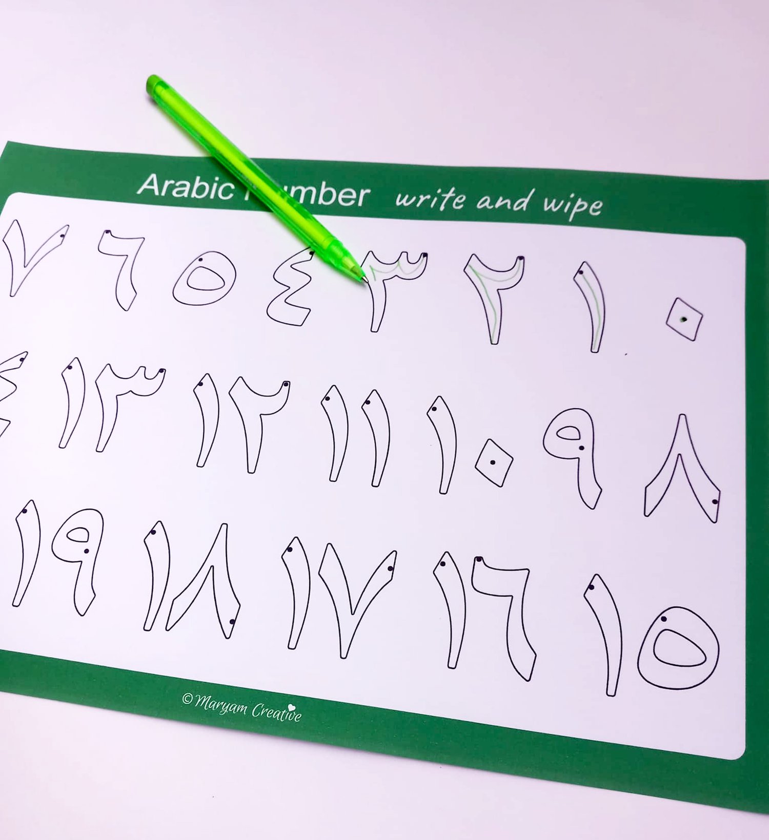 8 Arabic write and wipe numbers mats, حروف عربية,عربى – Instant Download