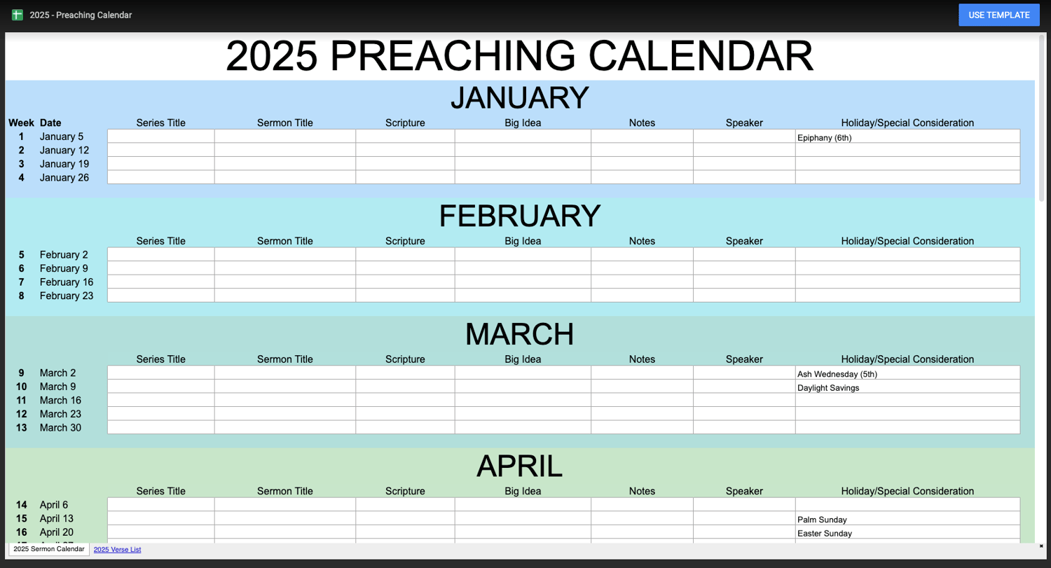 2025 Preaching Calendar Template