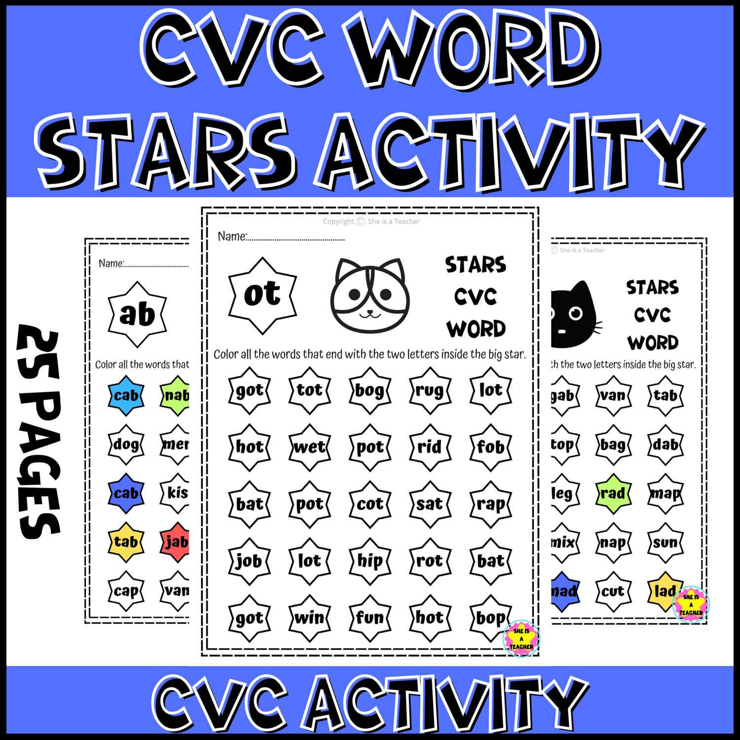CVC Word Stars Activity Short Vowel CVC Words Activity for kindergarten ...