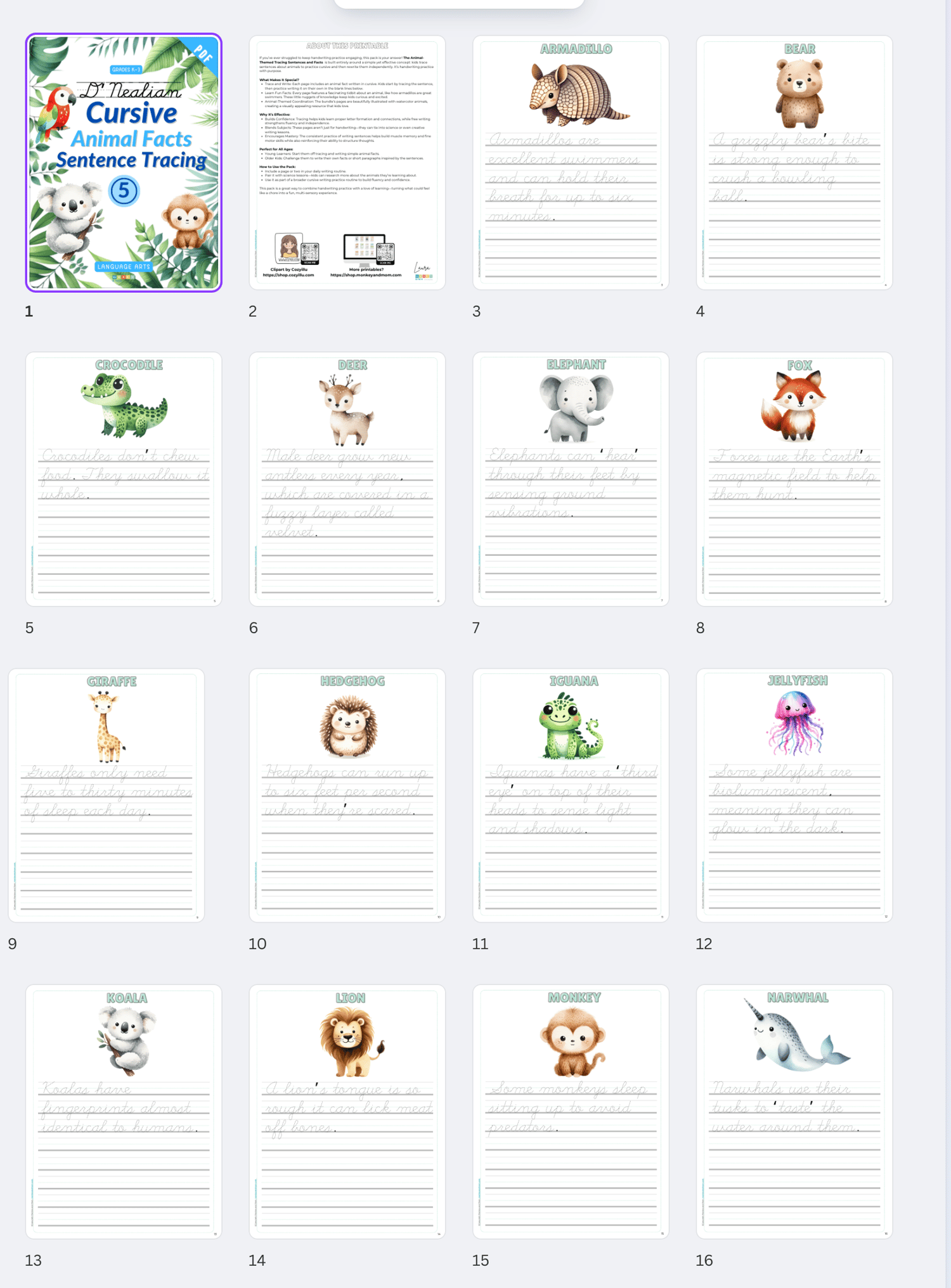 D’Nealian Cursive Animals FACTS – Sentence Tracing Workbook