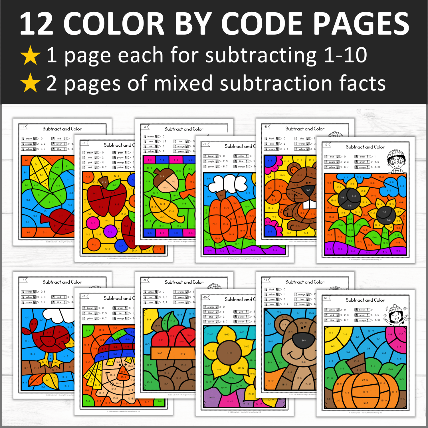 Fall Color by Code Subtraction Worksheets
