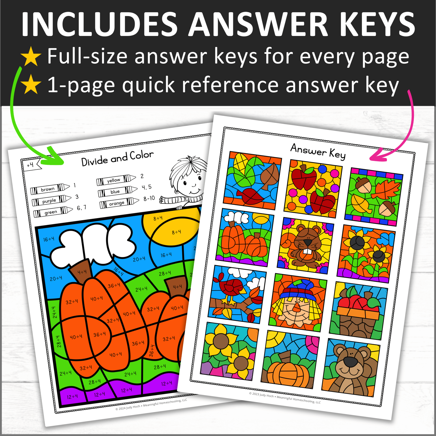 Fall Color by Code Division Worksheets
