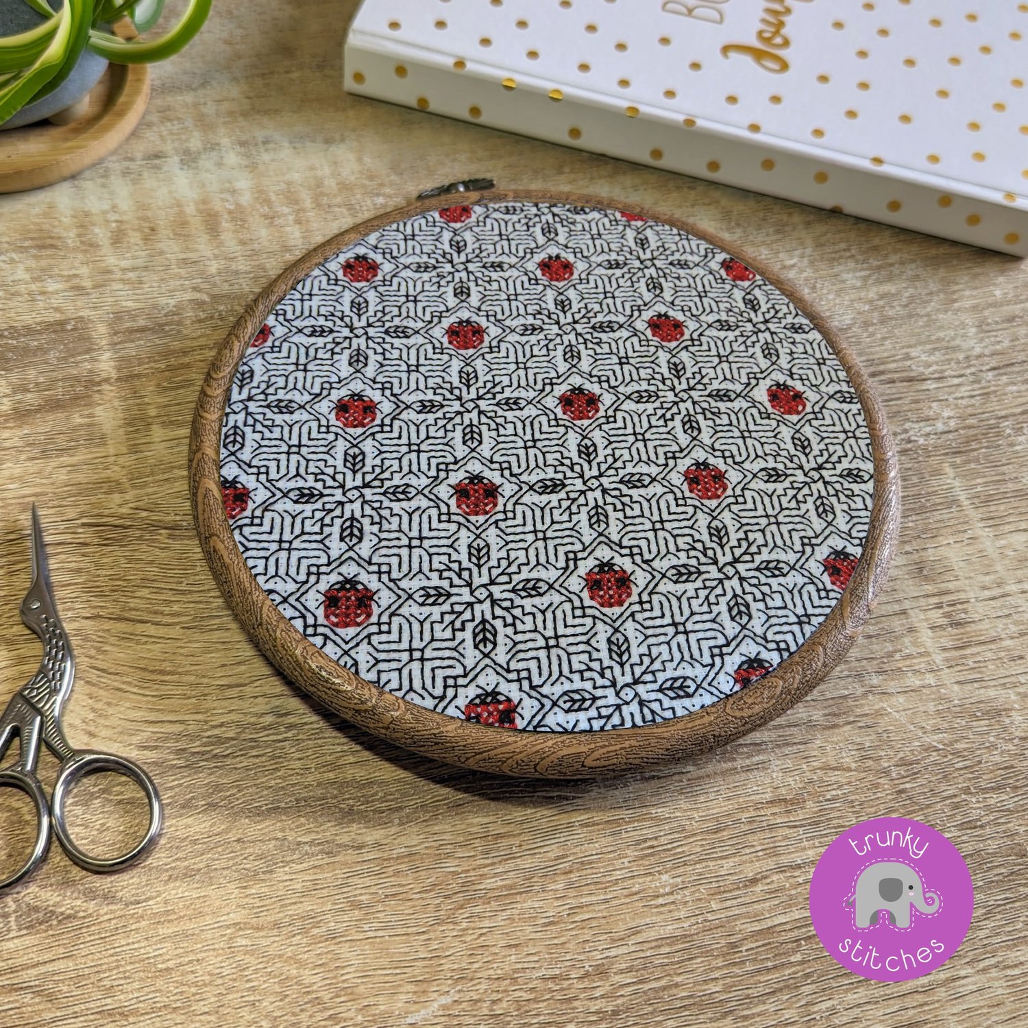 Ladybugs and Holly leaves blackwork pattern