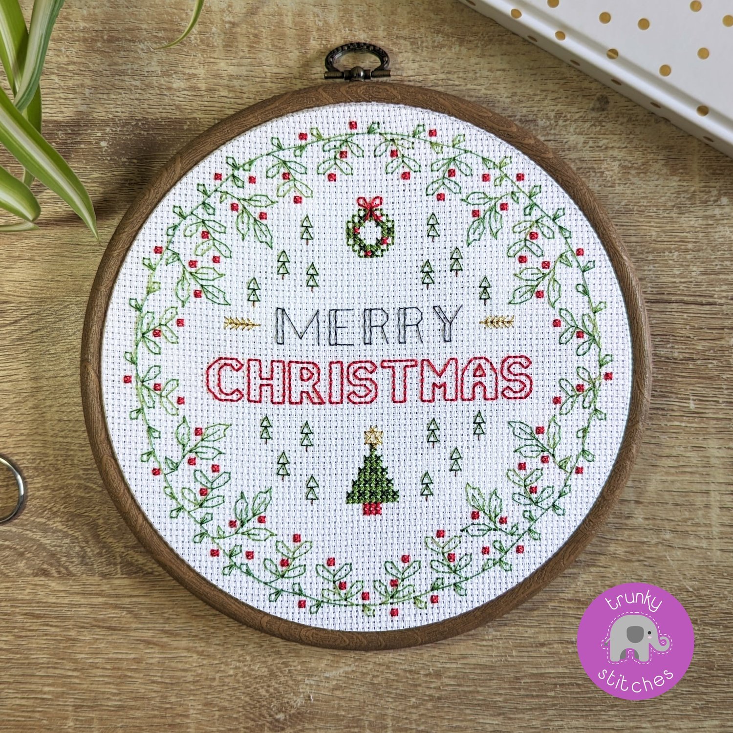 Christmas blackwork pattern with cross stitch xmas tree and Holly border