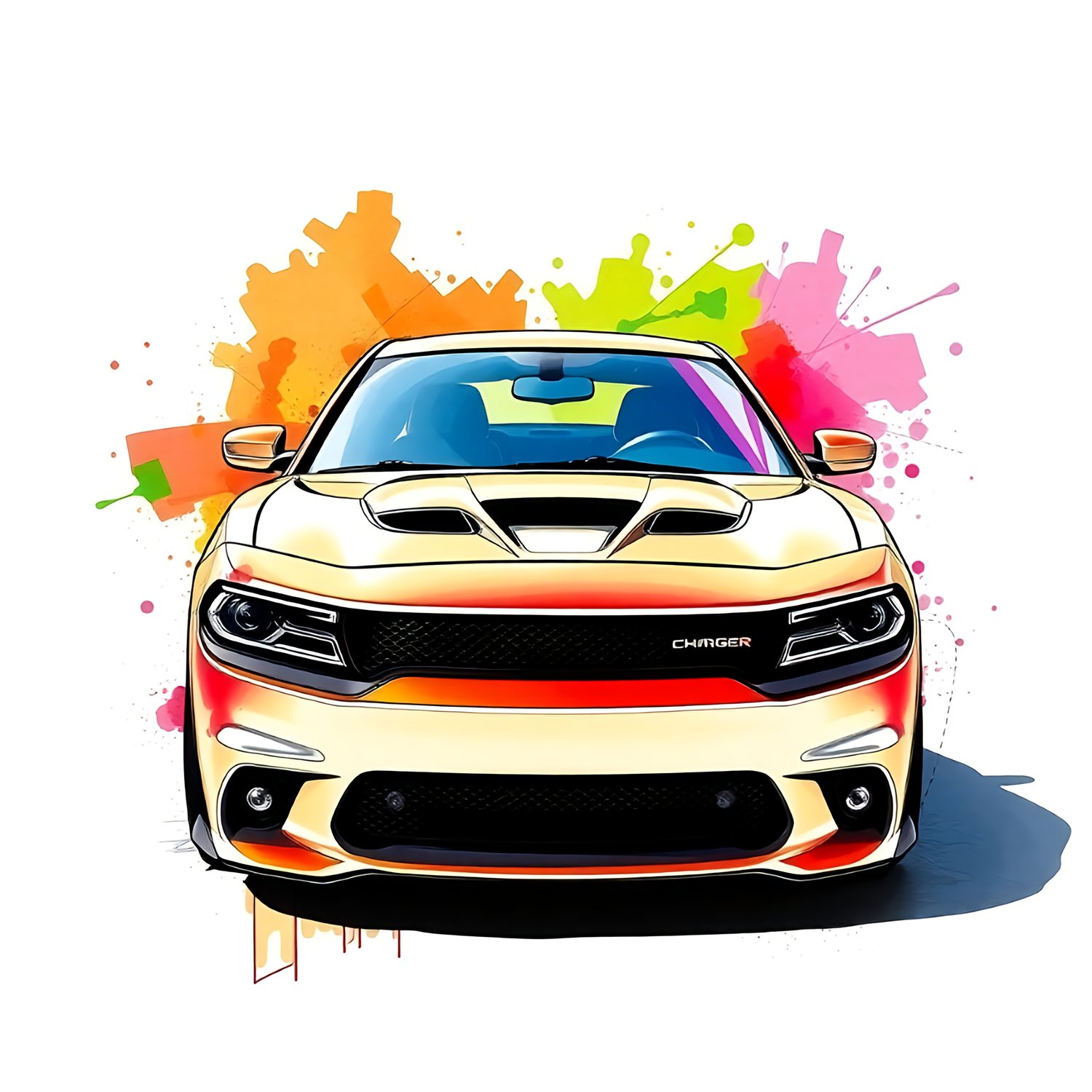 Dodge Charger SRT Hellcat, incorporating a splash of colorful abstract ...