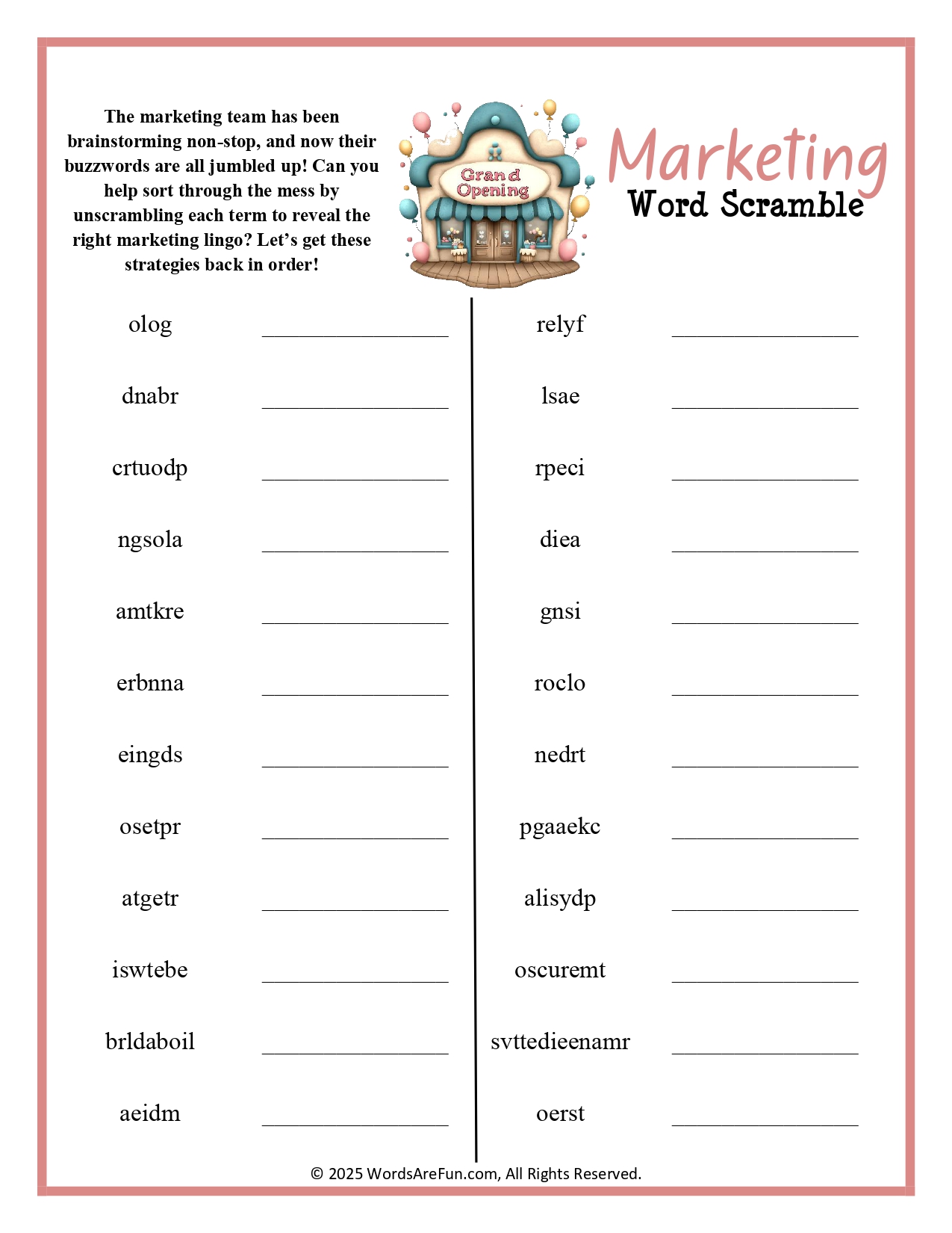 Marketing Word Scramble Puzzle Printable – Business Vocabulary Activity ...