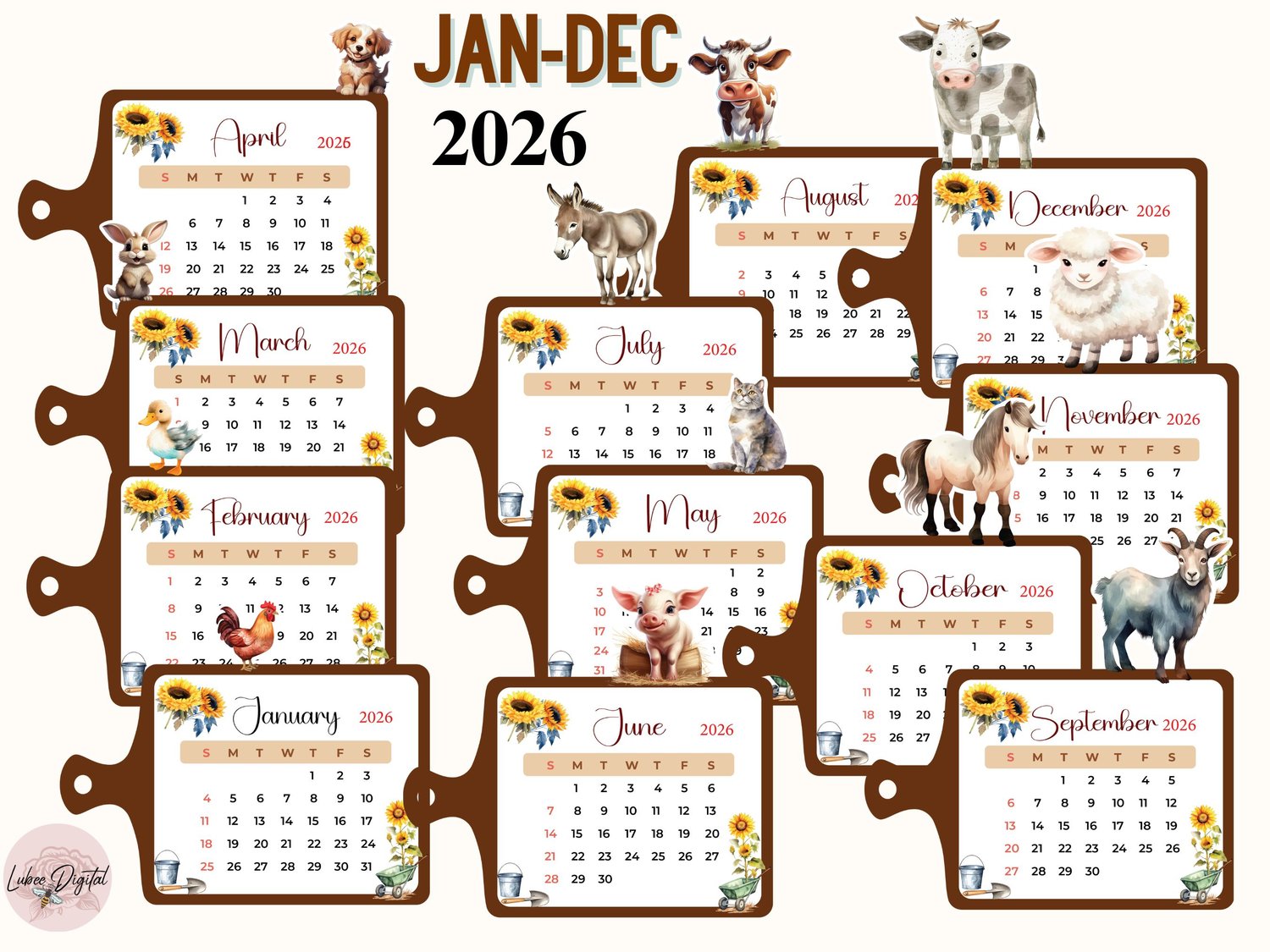 Farm Animal Monthly Calendar 2025-2026, Printable Mini Calendar & DIY ...