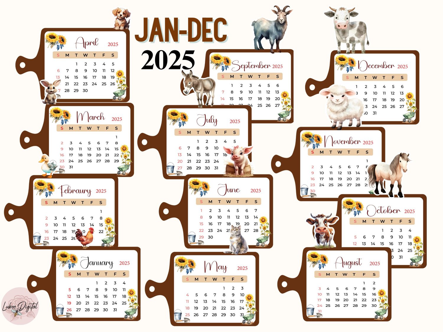 Farm Animal Monthly Calendar 2025-2026, Printable Mini Calendar & DIY ...