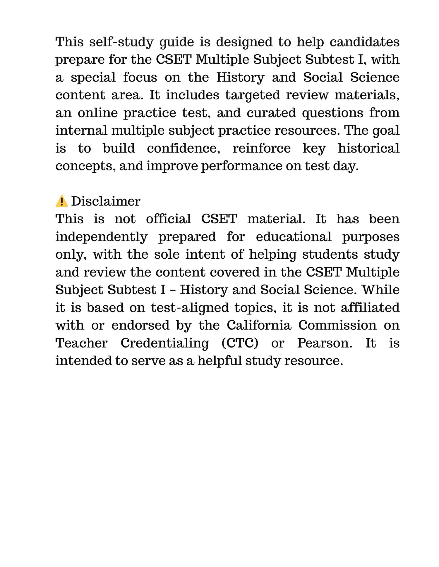 CSET Self Study Material for Multiple Subjects Subtest I-History ...