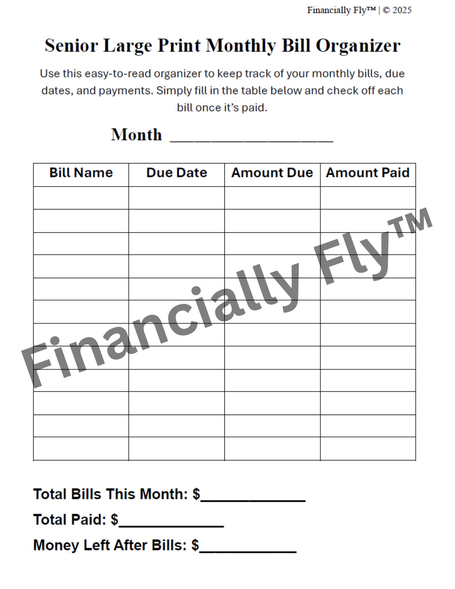 Senior Large Print Monthly Bill Organizer - Payhip