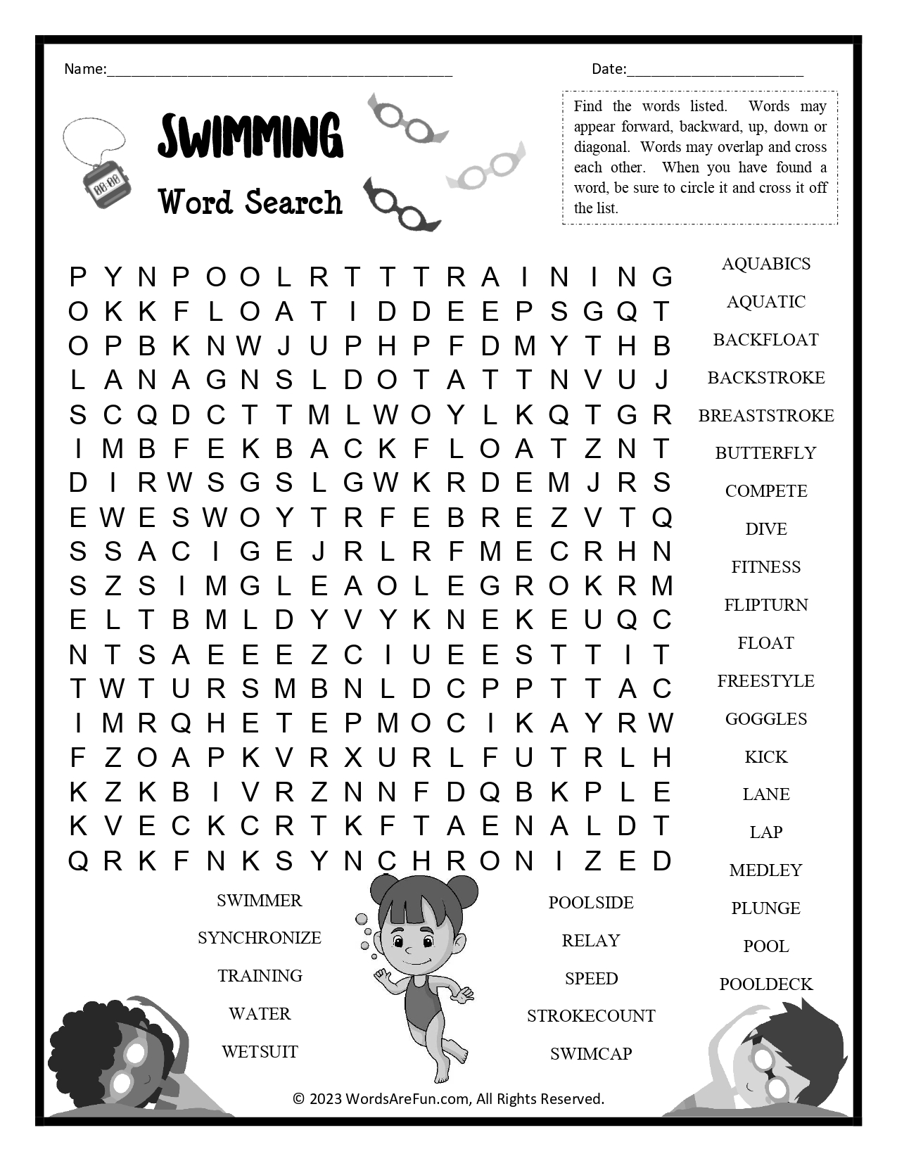Swimming Word Search PDF | Water Sports Puzzle Printable for Kids & Teens