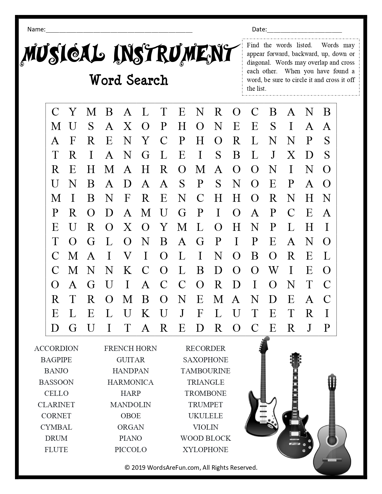 Musical Instrument Word Search Puzzle | Music Activity Worksheet PDF