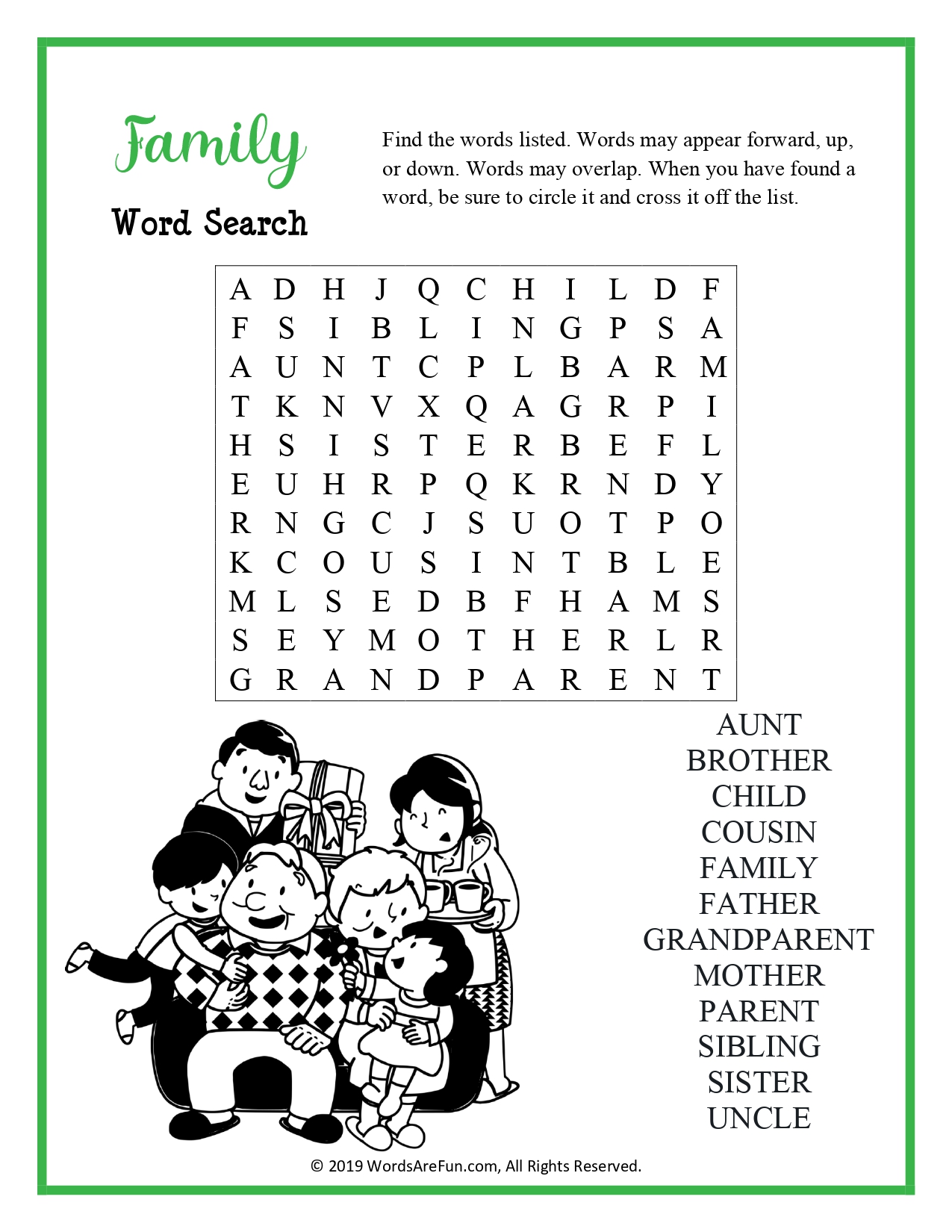 Family Word Search Puzzle (Easy) | Printable PDF for Kids & Early Learners