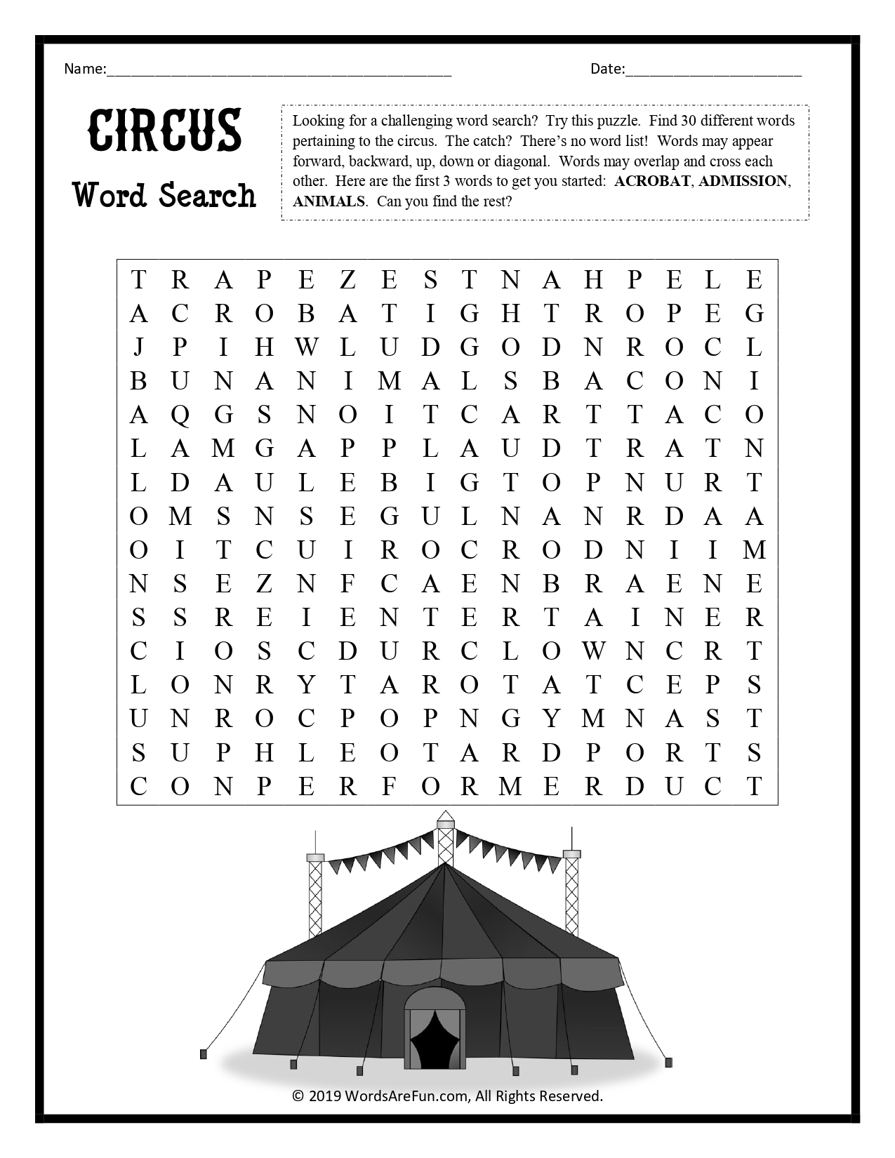 Circus Word Search Printable | Challenging Puzzle for Kids & Classroom Fun