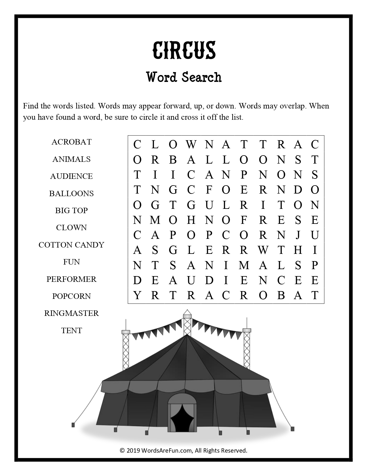 Circus Word Search Printable | Easy Puzzle for Kids & Classroom Fun