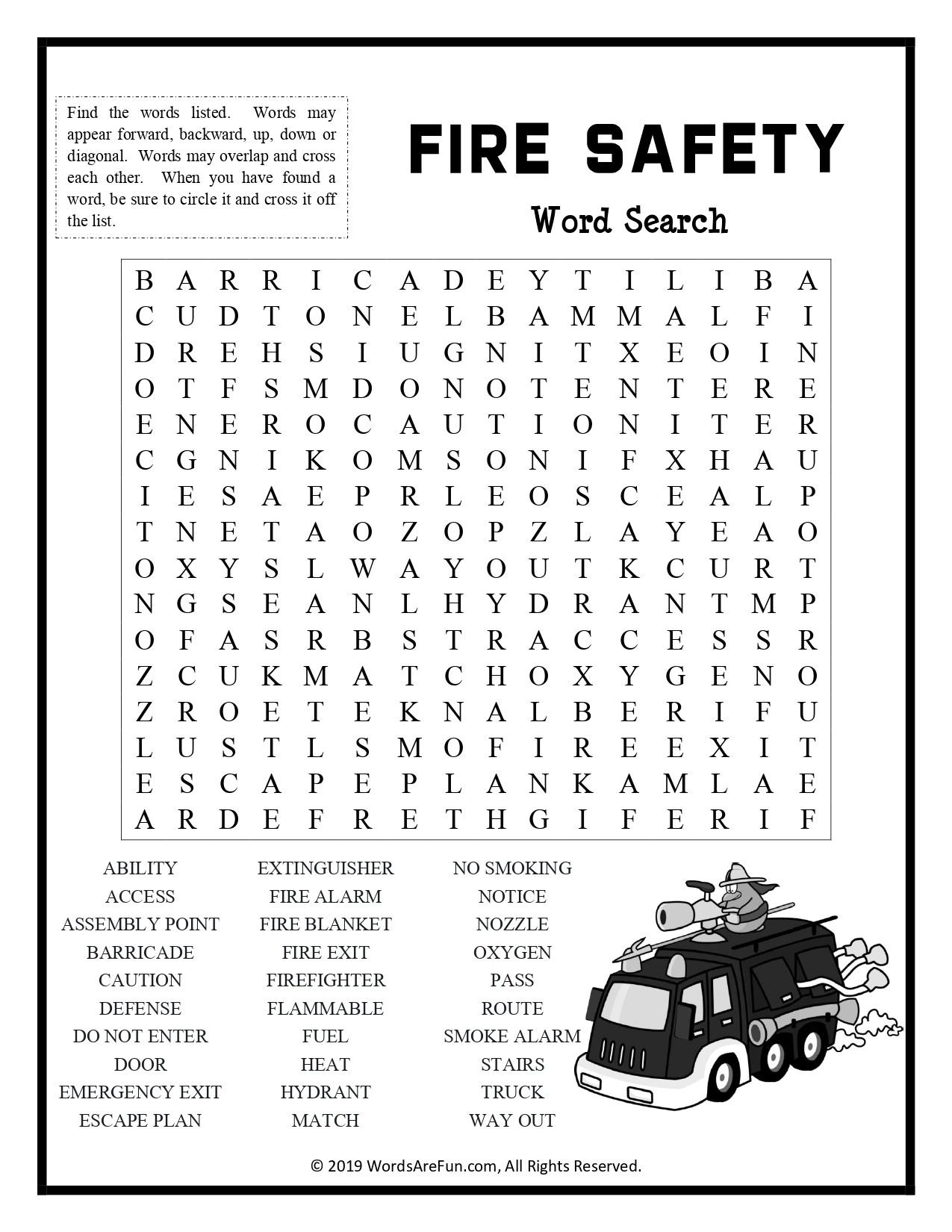 Fire Safety Word Search Printable | Safety Puzzle for Kids & Students