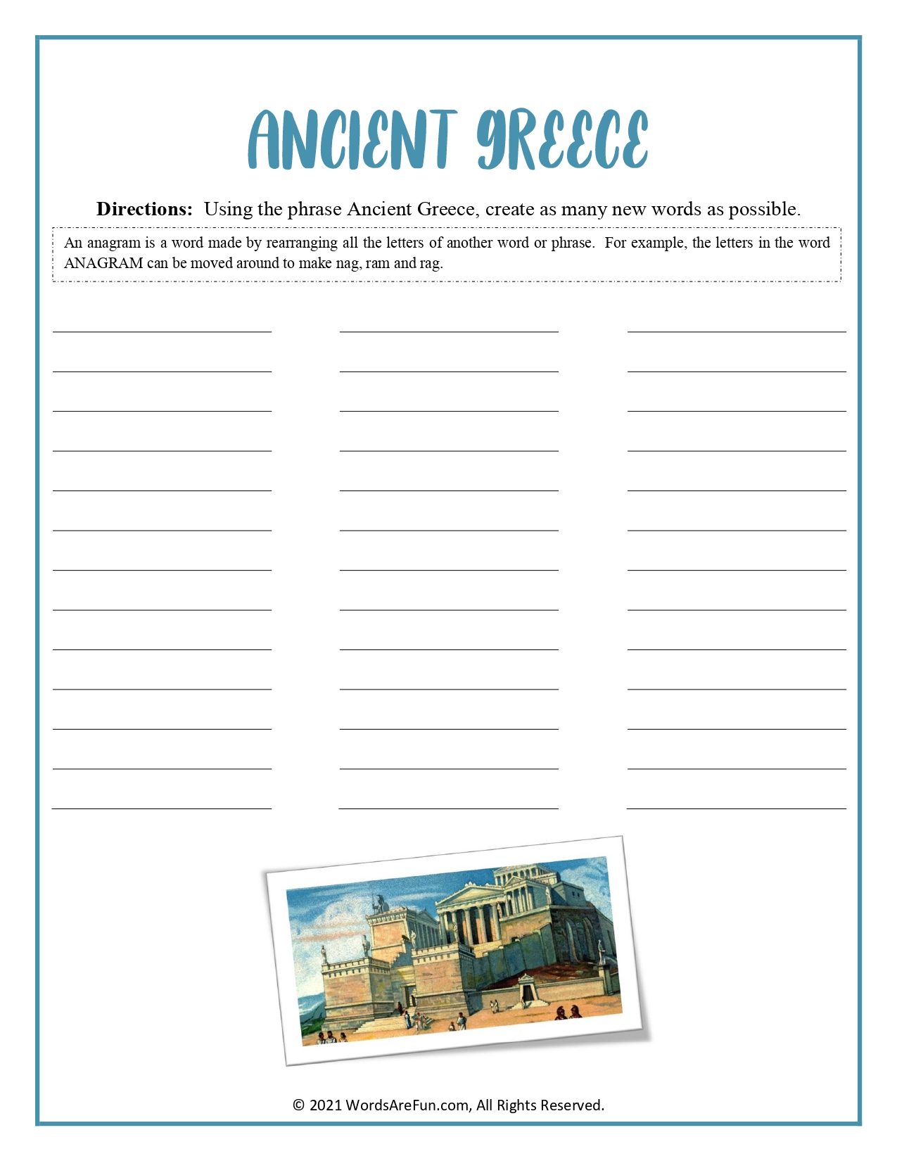 Ancient Greece Anagram Puzzle PDF | Printable Ancient Greece Word Game