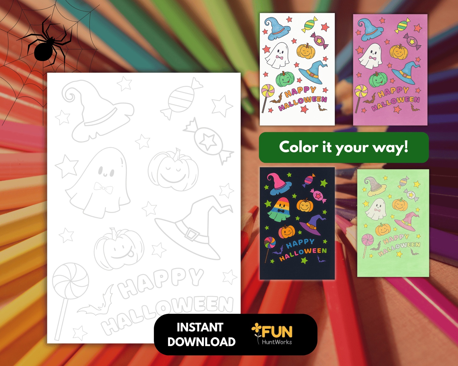 Printable Halloween Coloring Card PDF | Kids DIY Greeting Card – Color ...