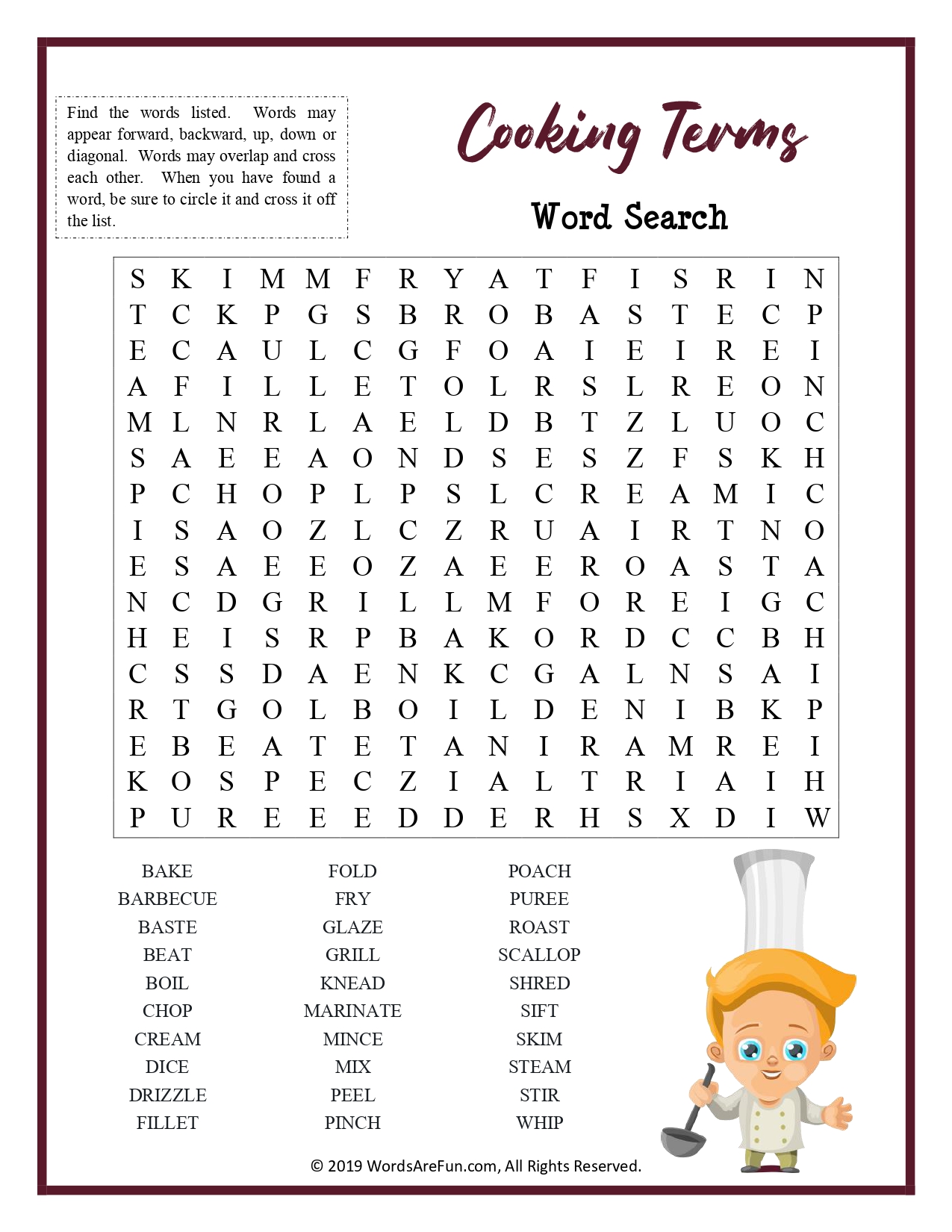 Cooking Terms Word Search Printable | Culinary, Kitchen & Food Activity