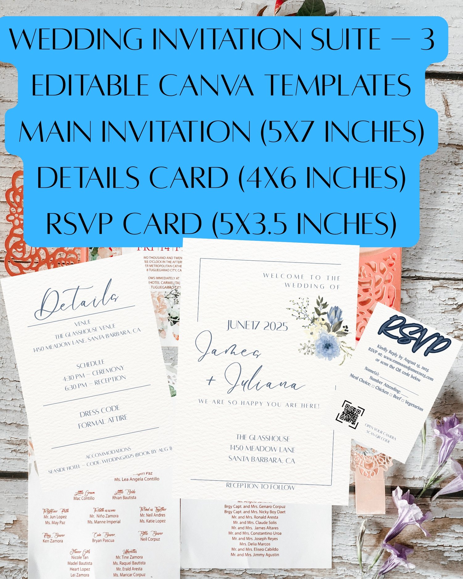 Editable Wedding Invitation Suite | 5x7 Invite, 4x6 Details, 5x3.5 RSVP ...