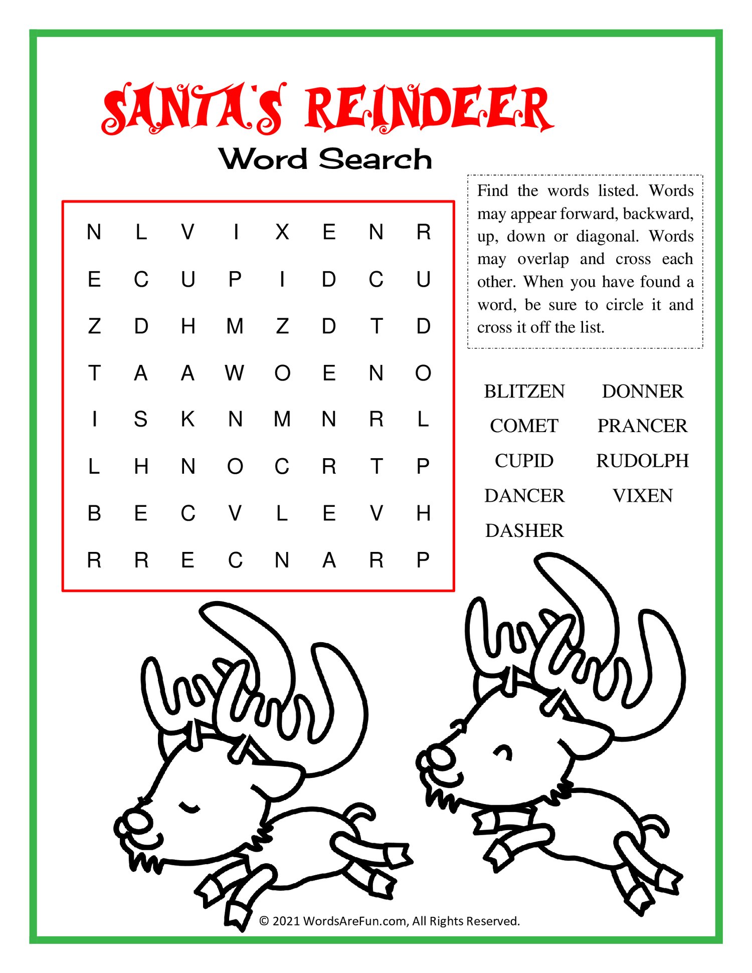 Santa’s Reindeer Word Search & Coloring | Printable Christmas Activity ...