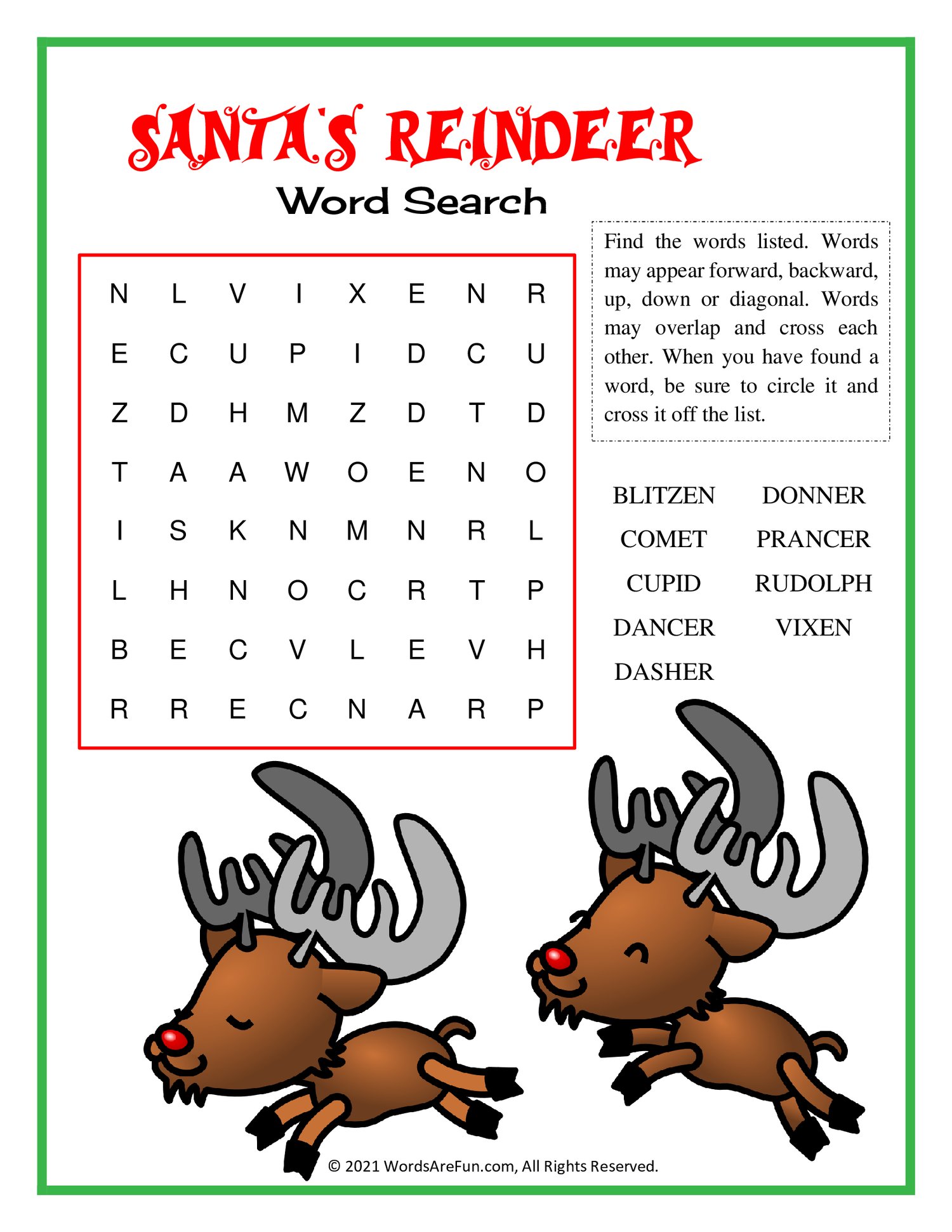 Santa’s Reindeer Word Search & Coloring | Printable Christmas Activity ...