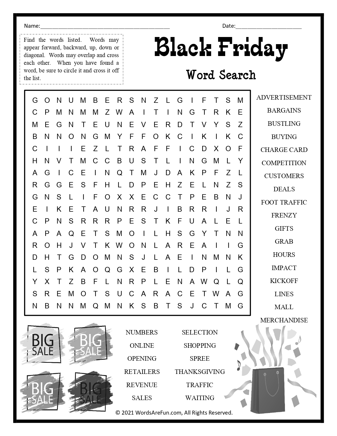 Black Friday Word Search Puzzle | Fun Thanksgiving Shopping Activity ...