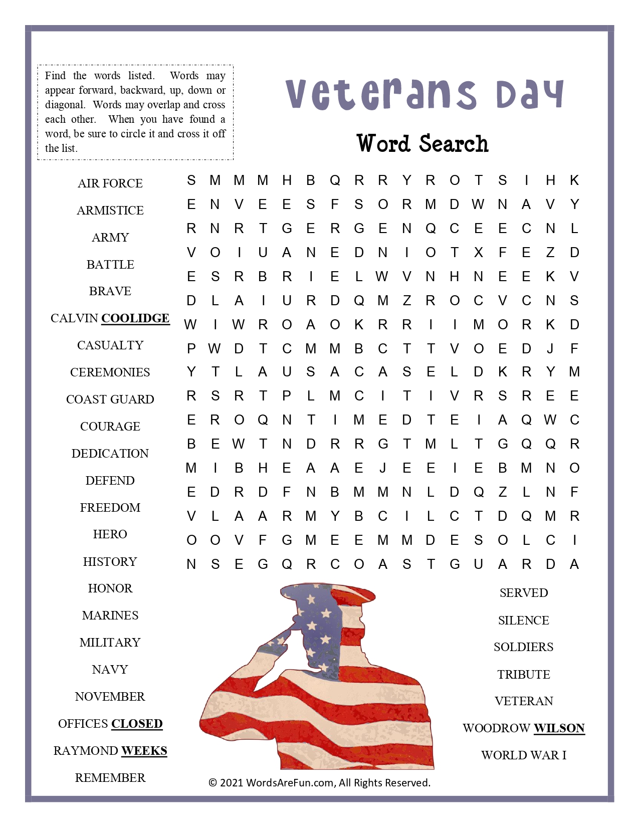 Veterans Day Word Search Puzzle | Printable Military Holiday Activity ...