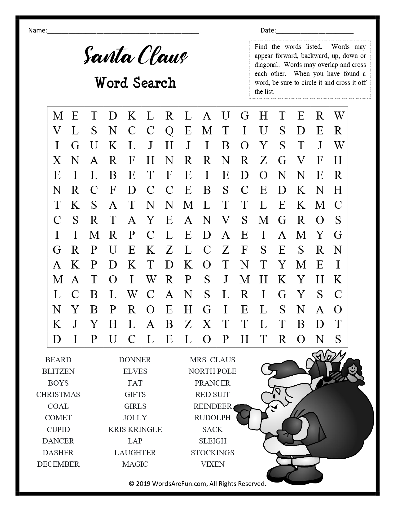 Santa Claus Word Search Puzzle | Printable Christmas Activity for Kids ...