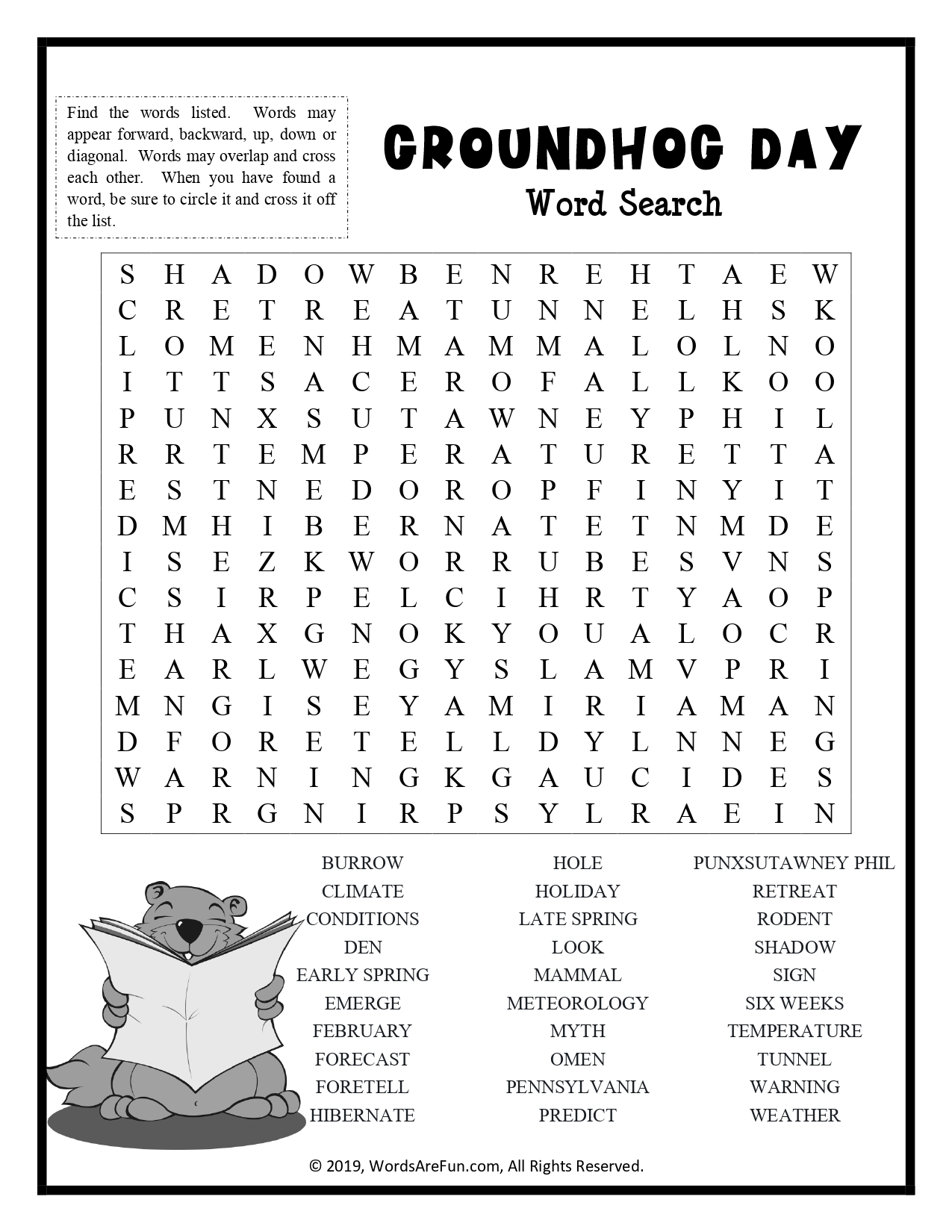 Groundhog Day Word Search Puzzle | February Holiday Printable Activity ...
