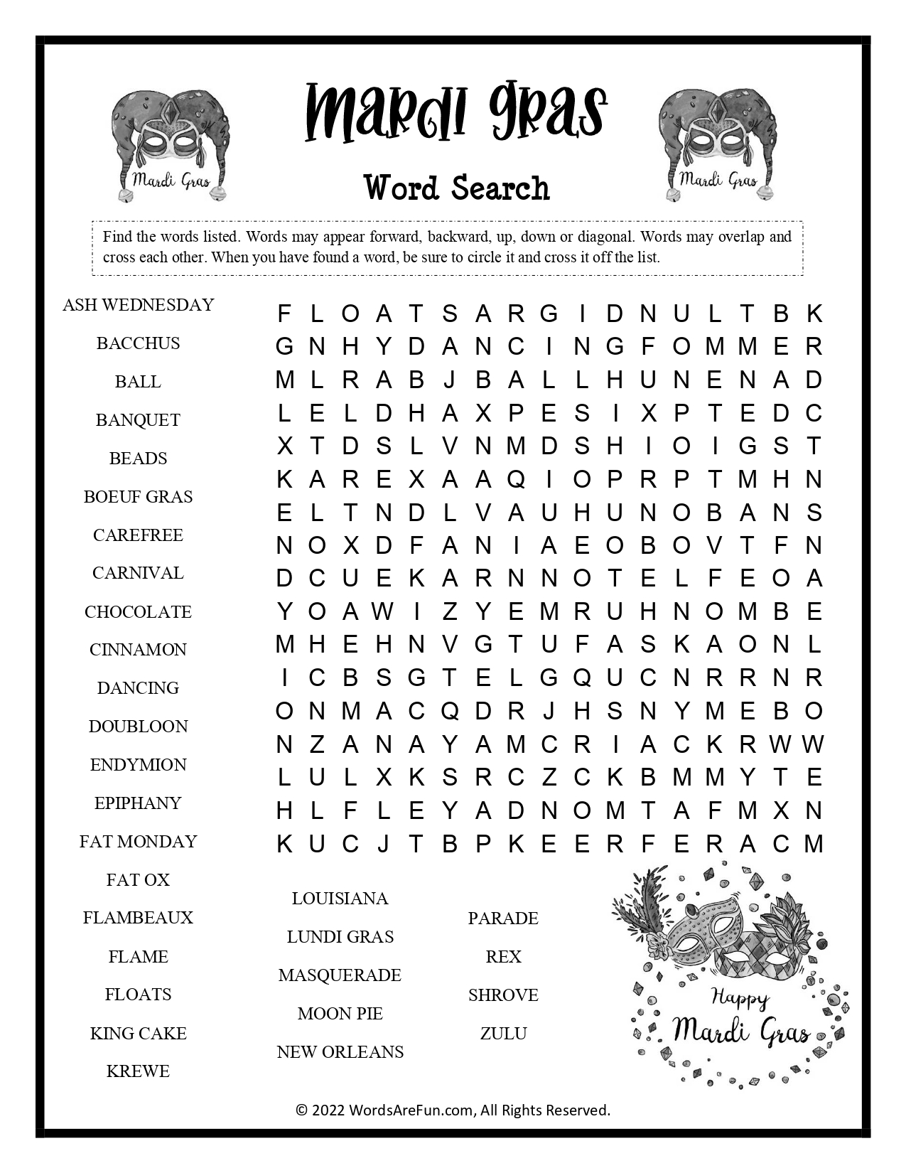 Mardi Gras Word Search Puzzle | Carnival & New Orleans Holiday ...