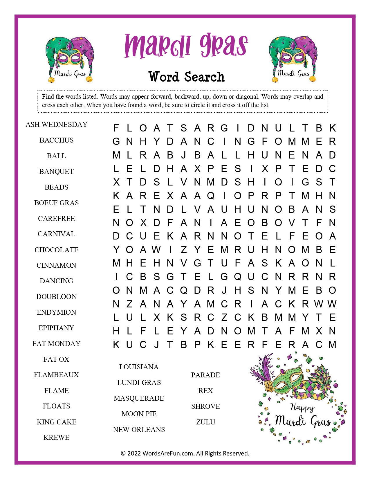 Mardi Gras Word Search Puzzle | Carnival & New Orleans Holiday ...