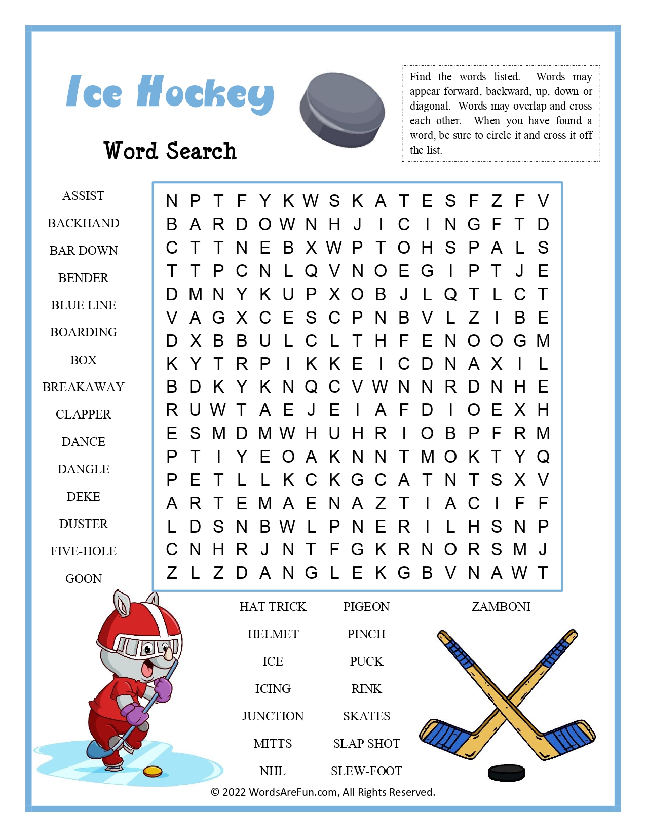 Ice Hockey Word Search Puzzle Printable | Winter Sports Vocabulary ...