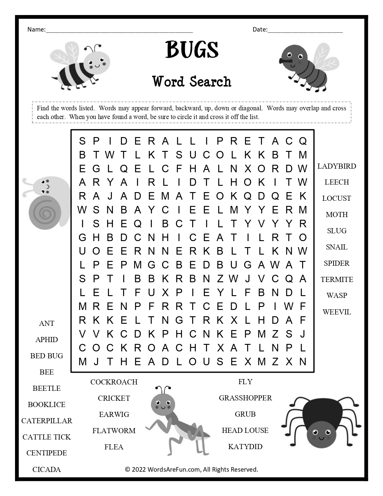 Bugs Word Search Puzzle Printable | Insect Vocabulary Activity PDF for Kids