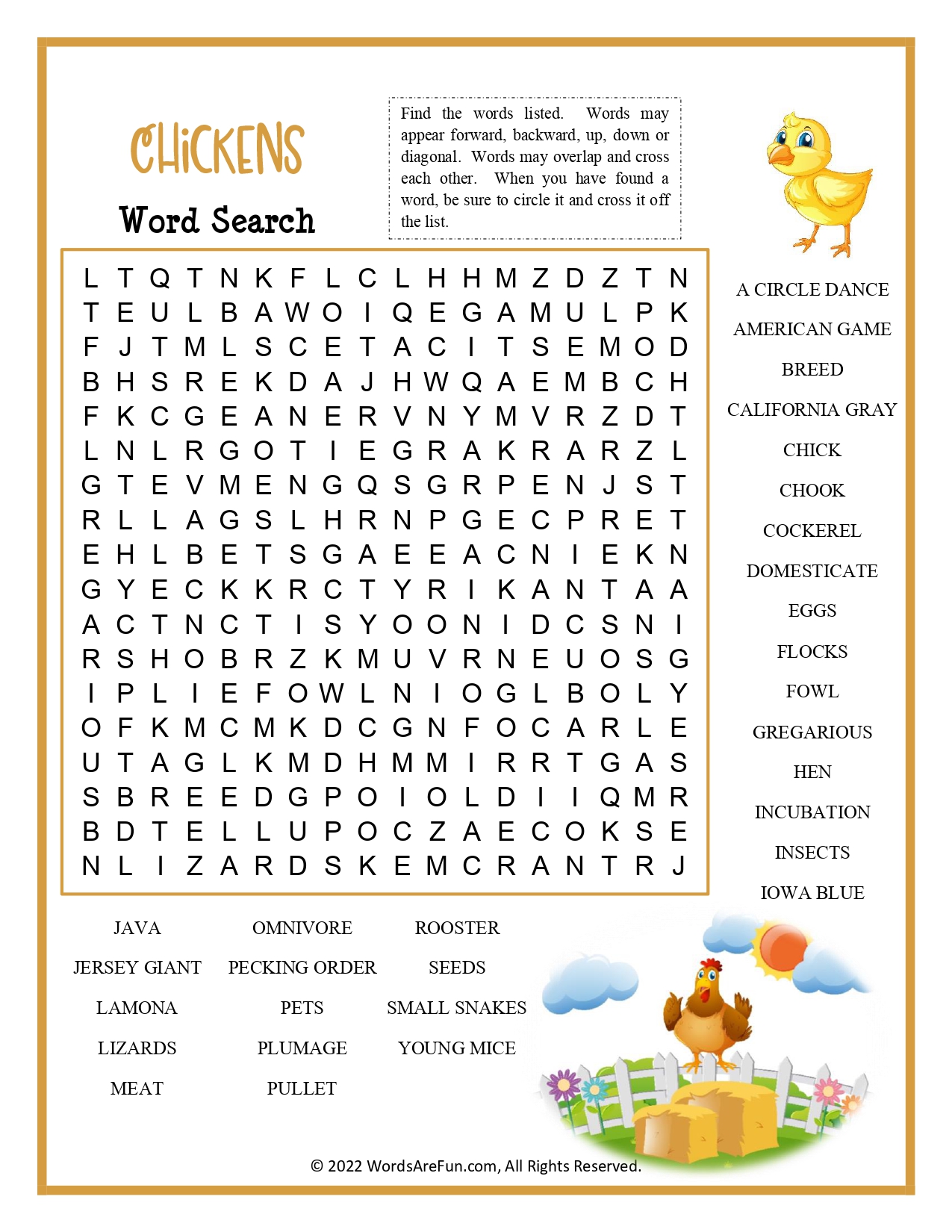Chickens Word Search Printable | Farm Animals & Chicken Facts Puzzle PDF