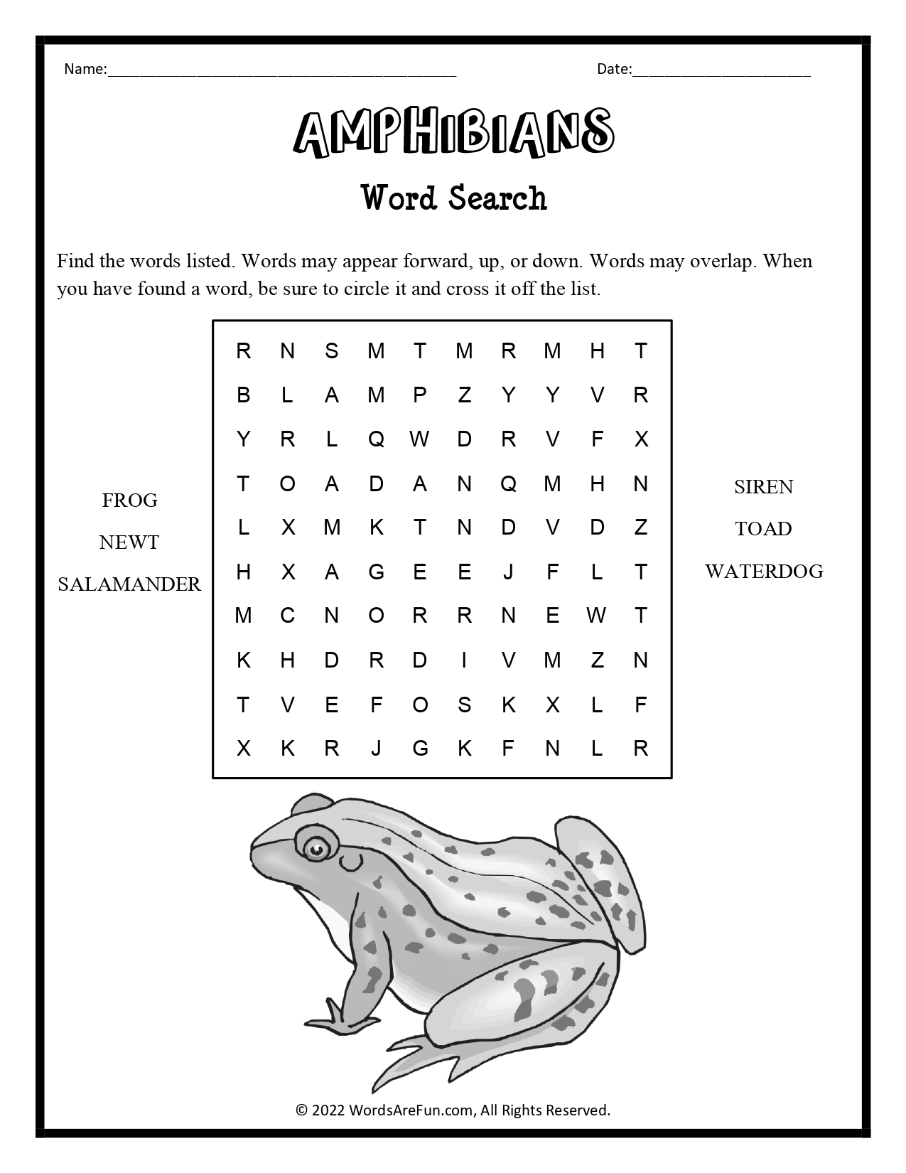 Easy Amphibians Word Search for Kids | Frog, Toad & Salamander Puzzle PDF