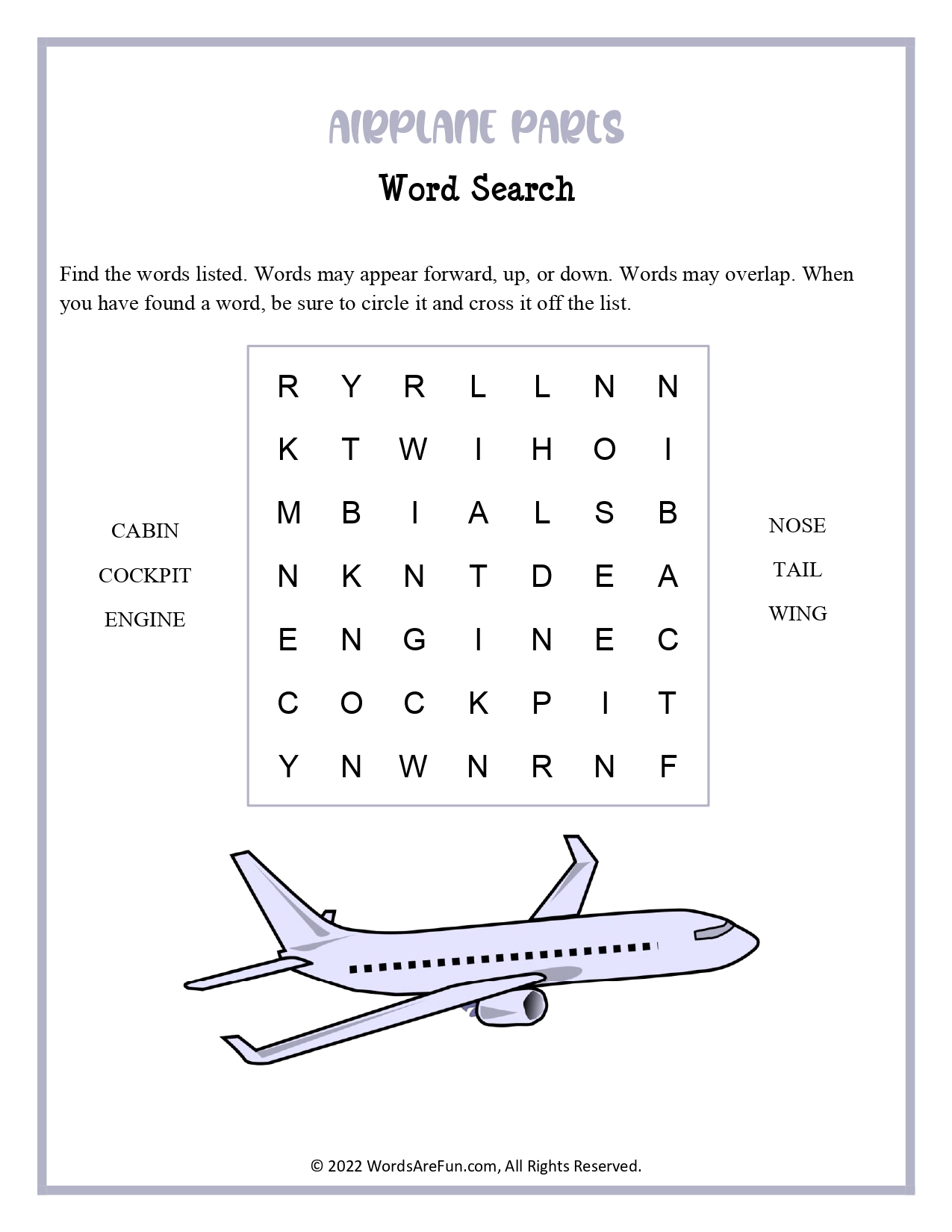 Airplane Parts Word Search for Kids | Easy Aviation Puzzle PDF Worksheet