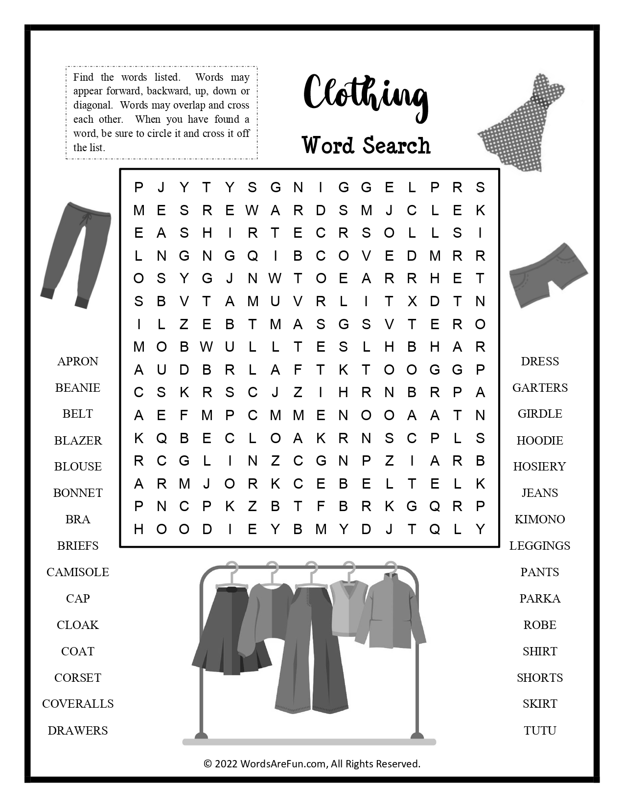 Clothing Word Search Puzzle | Printable PDF Vocabulary Activity for ...