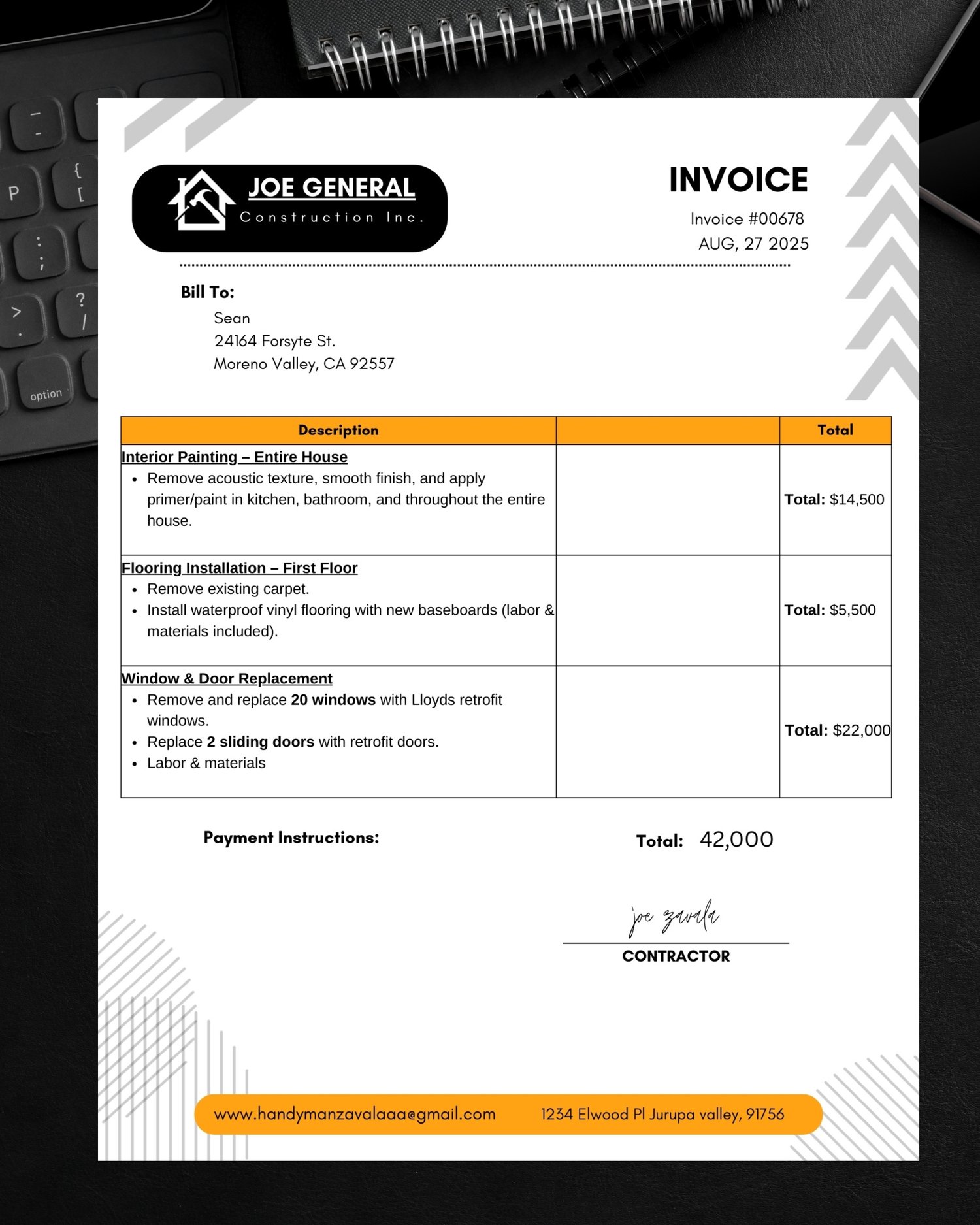 Editable Construction Invoice Template - Contractor Bill Format ...